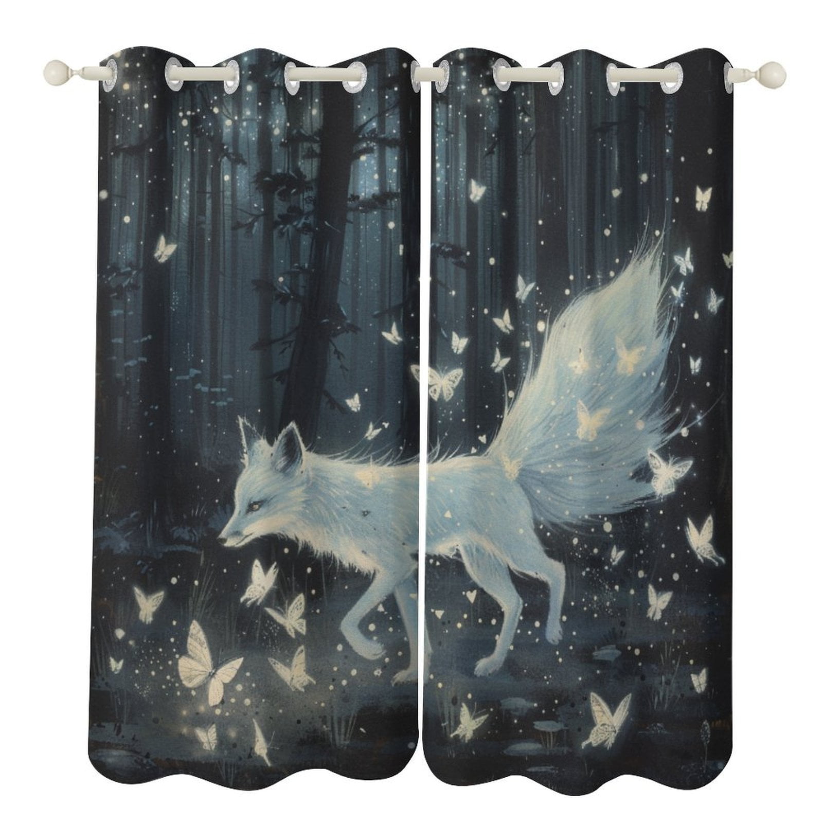 Nine Tailed Fox Chasing Butterfly 2 Panel Curtain Set, Watercolor ...
