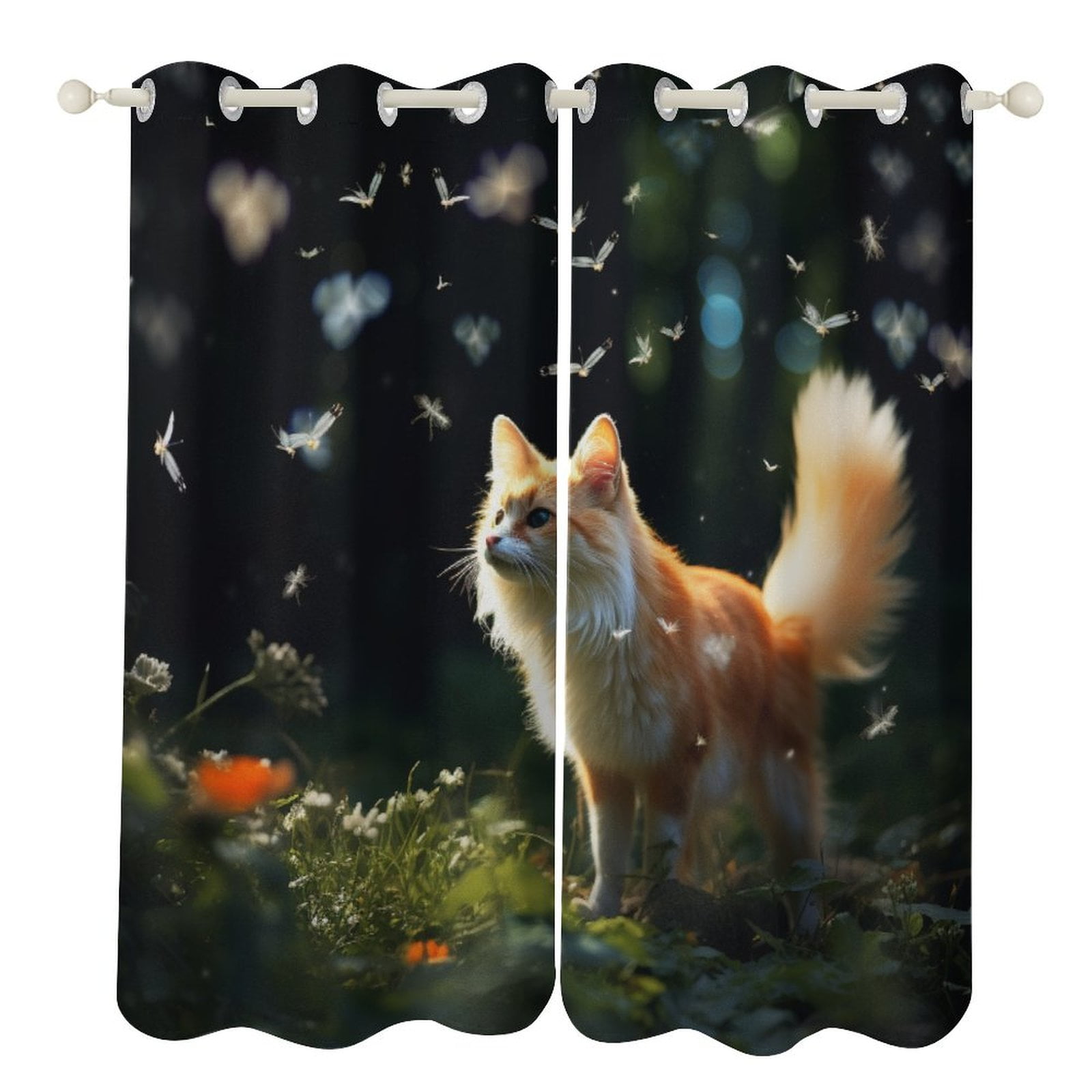 Nine Tailed Fox Chasing Butterfly 2 Panel Curtain Set, Watercolor ...