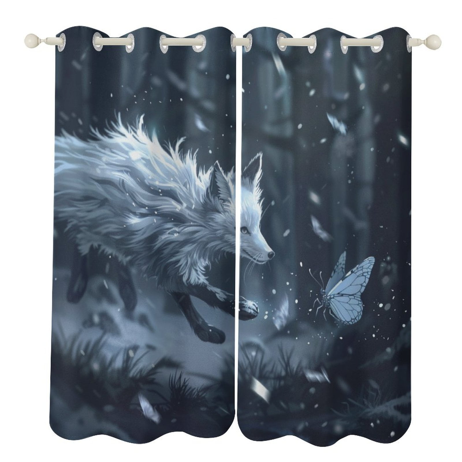 Nine Tailed Fox Chasing Butterfly 2 Panel Curtain Set, Watercolor ...