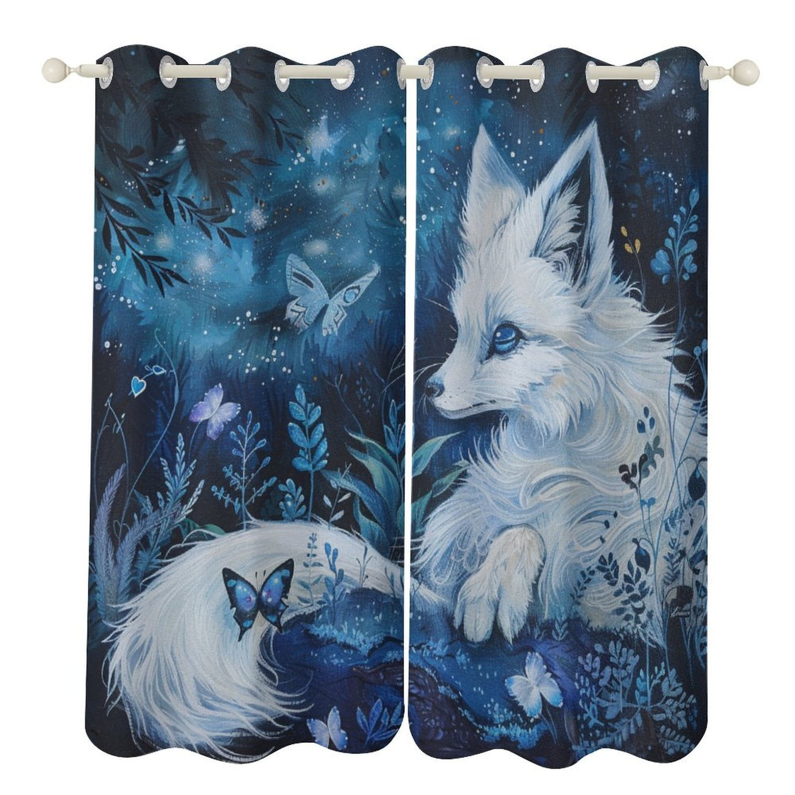Nine Tailed Fox Chasing Butterfly 2 Panel Curtain Set, Watercolor ...