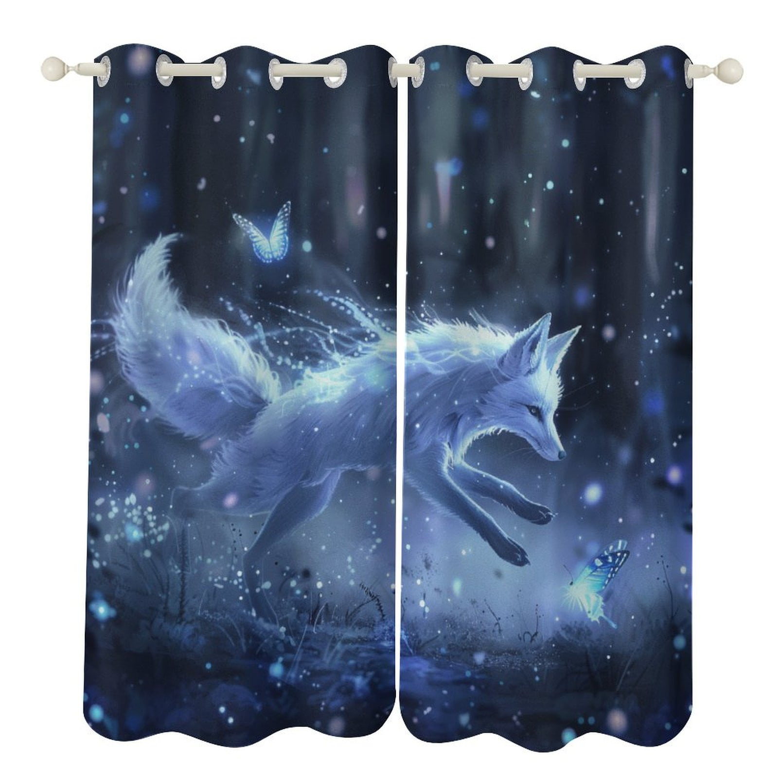 Nine Tailed Fox Chasing Butterfly 2 Panel Curtain Set, Watercolor ...