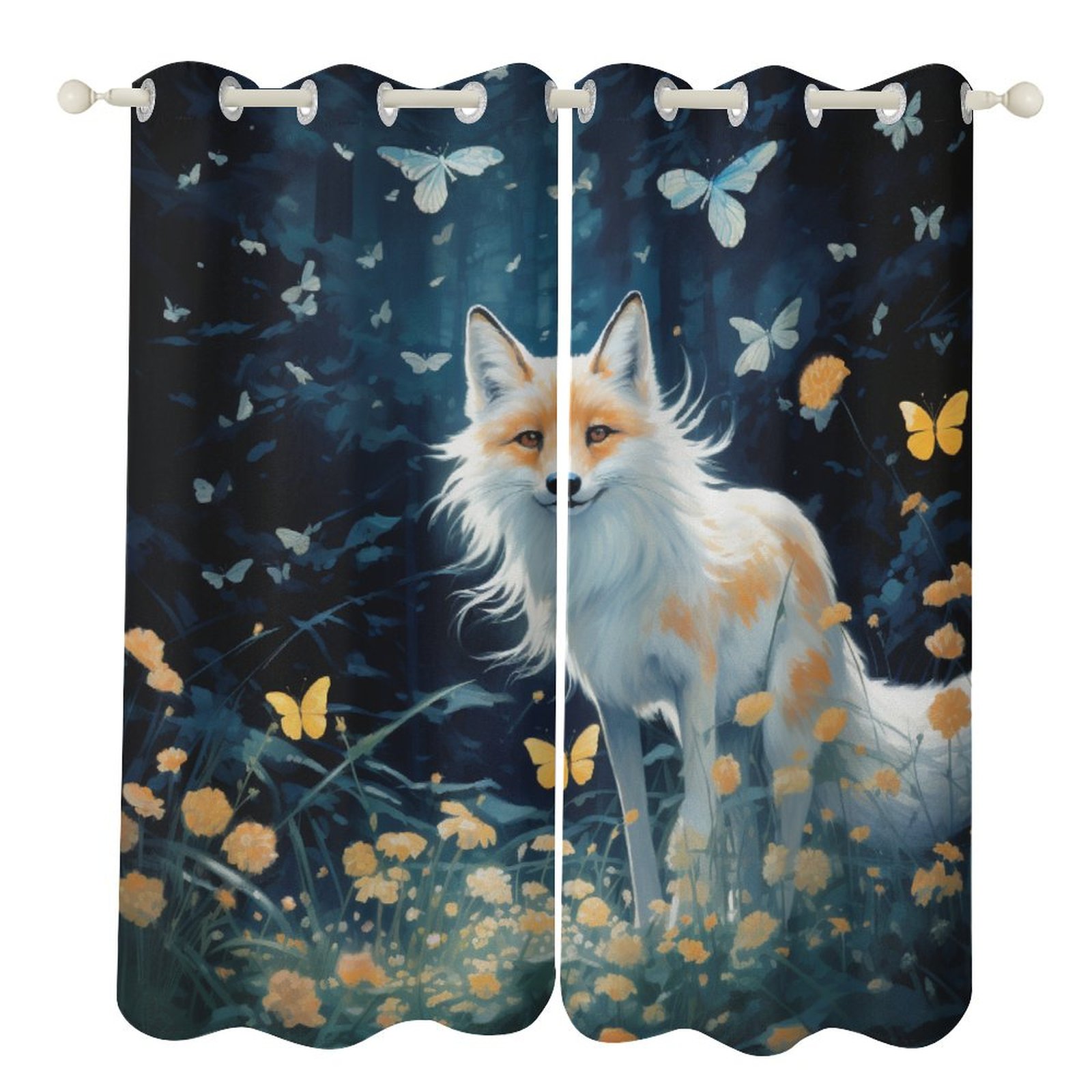 Nine Tailed Fox Chasing Butterfly 2 Panel Curtain Set, Watercolor ...