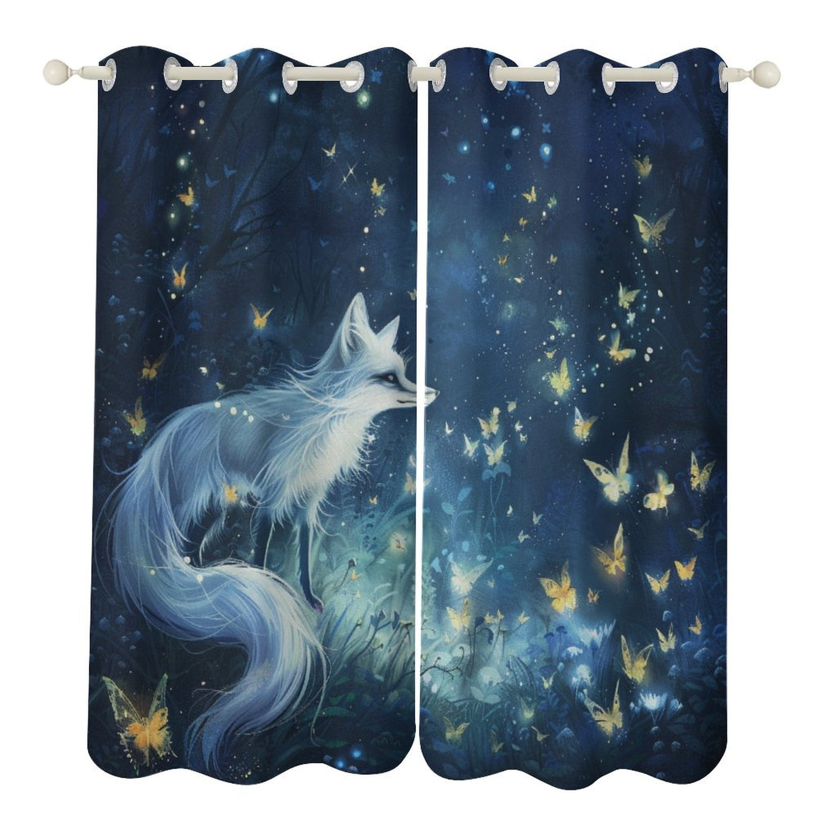 Nine Tailed Fox Chasing Butterfly 2 Panel Curtain Set, Watercolor ...