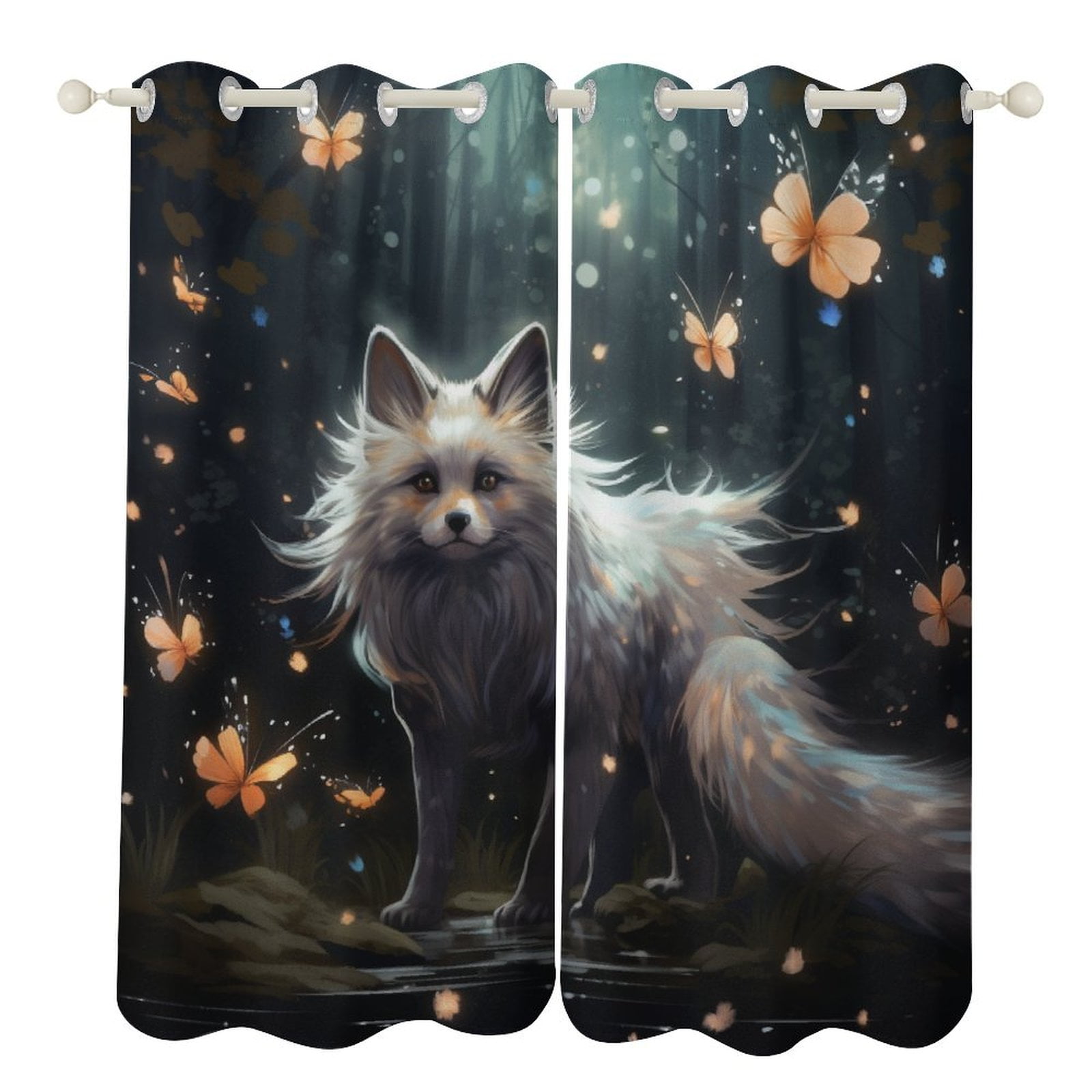 Nine Tailed Fox Chasing Butterfly Curtains Watercolor Theme Window ...