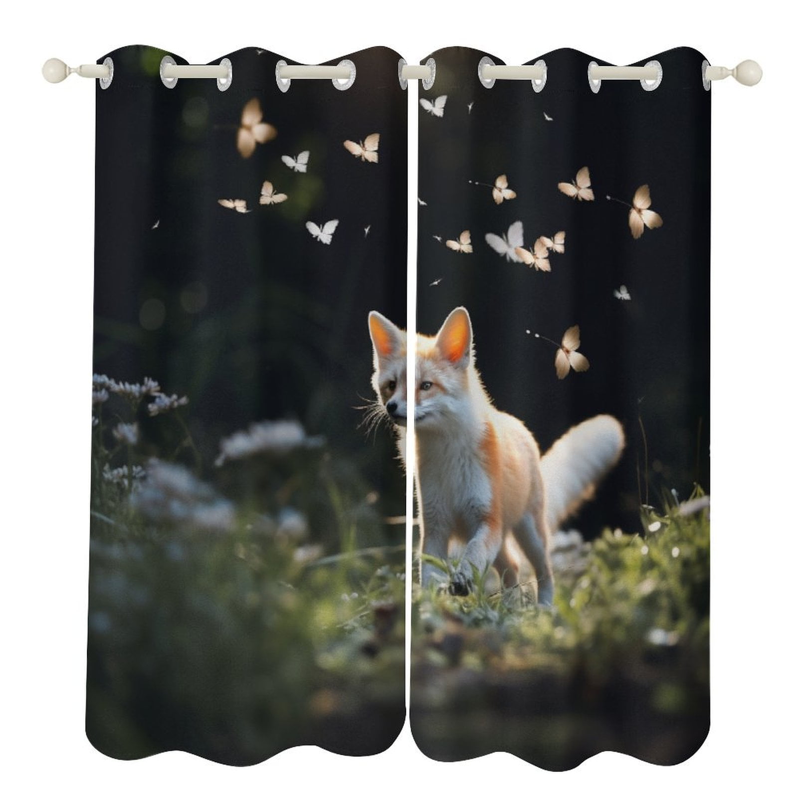 Nine Tailed Fox Chasing Butterfly Curtains Watercolor Theme Window ...
