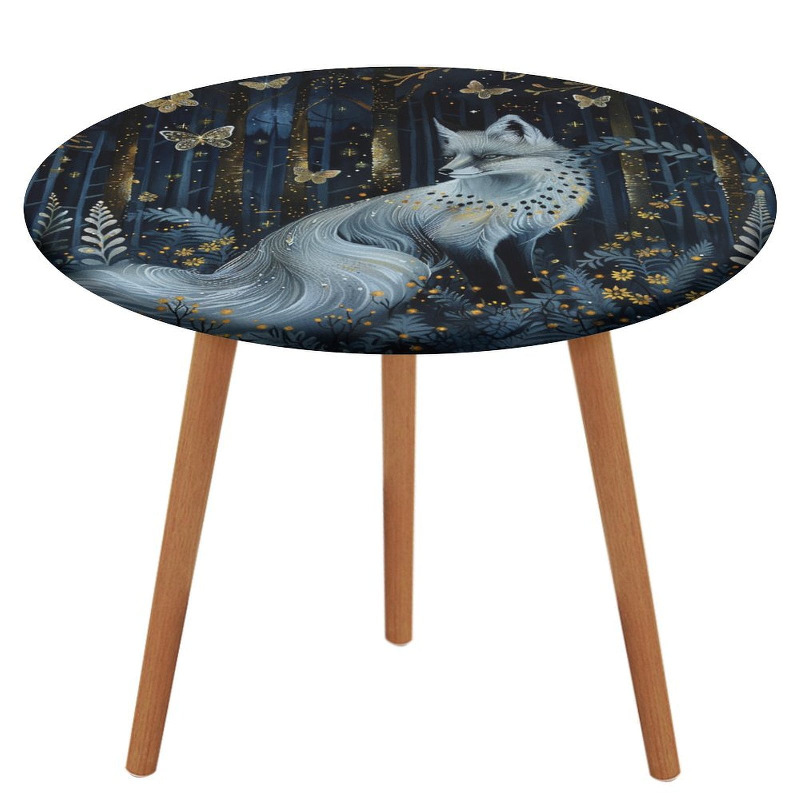 Nine Tailed Fox Chasing Butterfly Round Fitted Tablecloth with Elastic ...