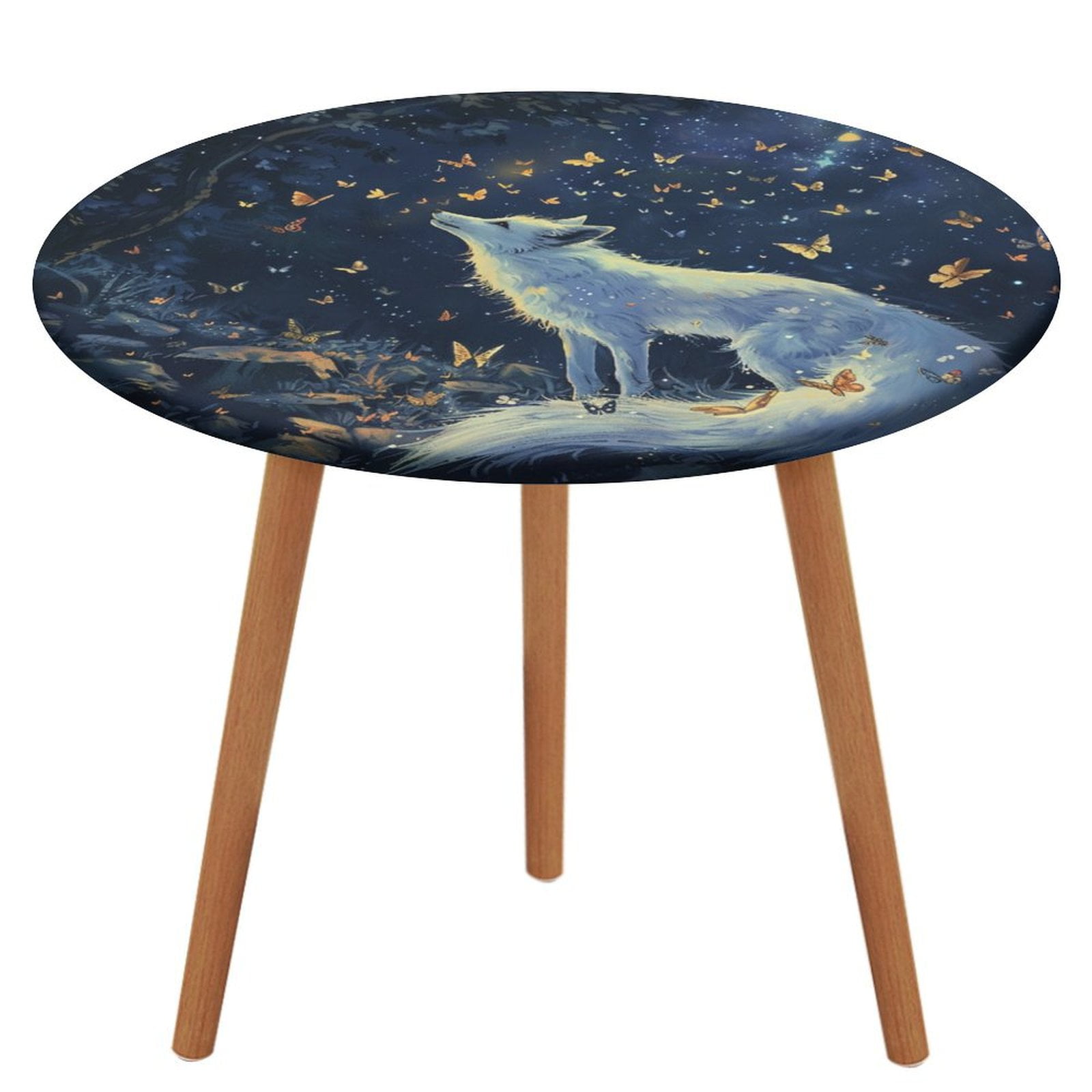 Nine Tailed Fox Chasing Butterfly Round Fitted Tablecloth with Elastic ...