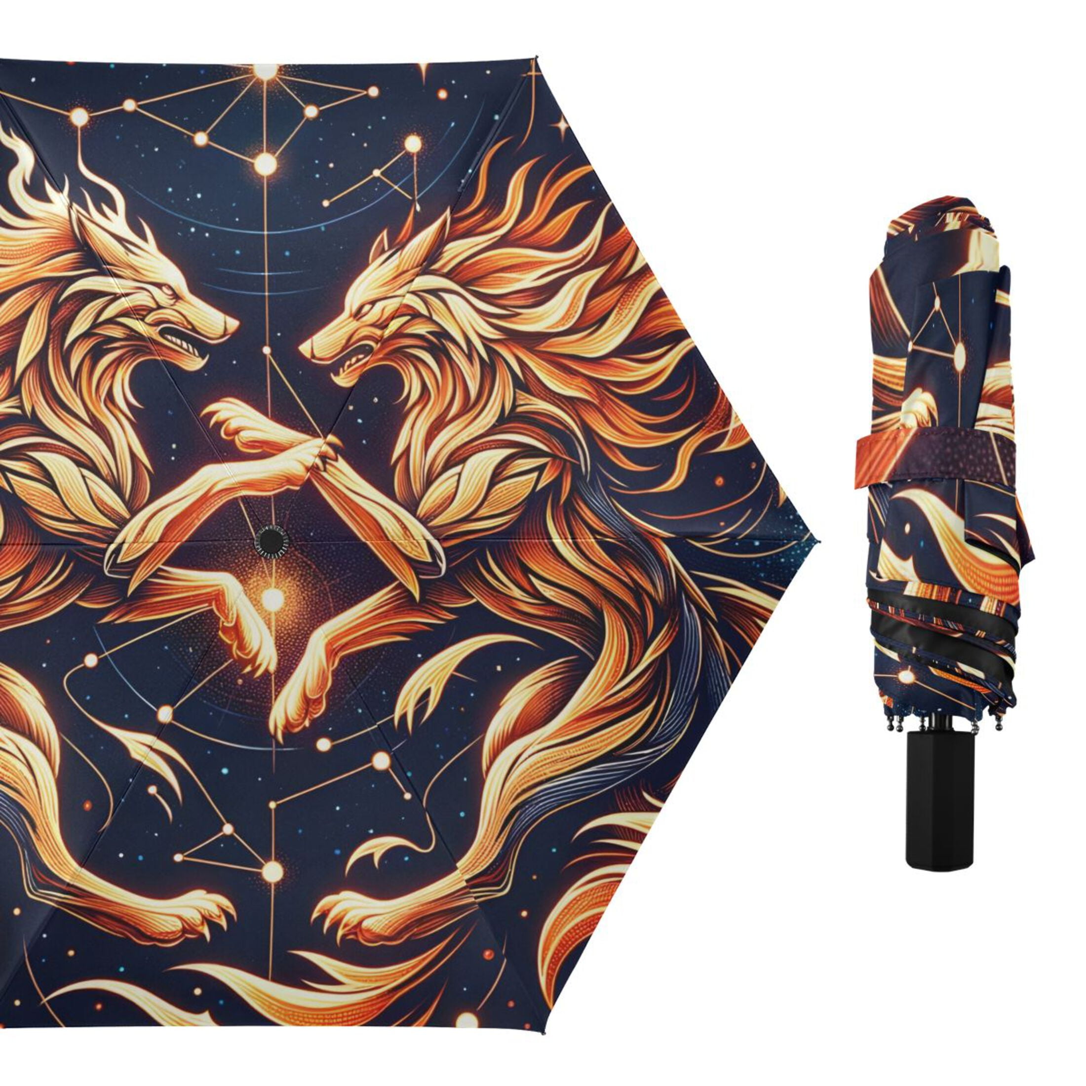 Nine Tailed Foxes Fighting Compact Sun Umbrella Windproof Travel ...