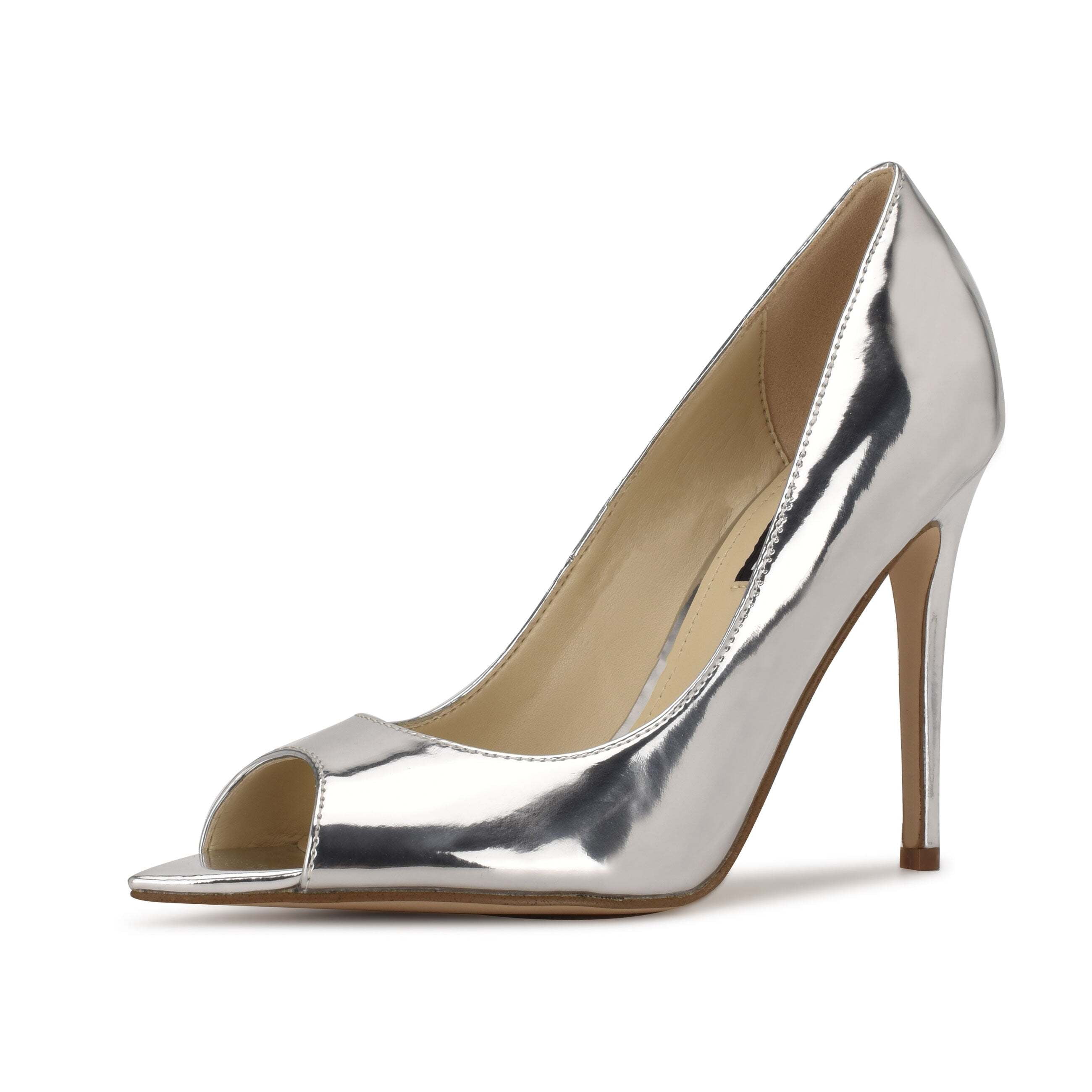 Nine West Prizz Silver Slip On Pointed Open Toe Sky High Stiletto Heel ...