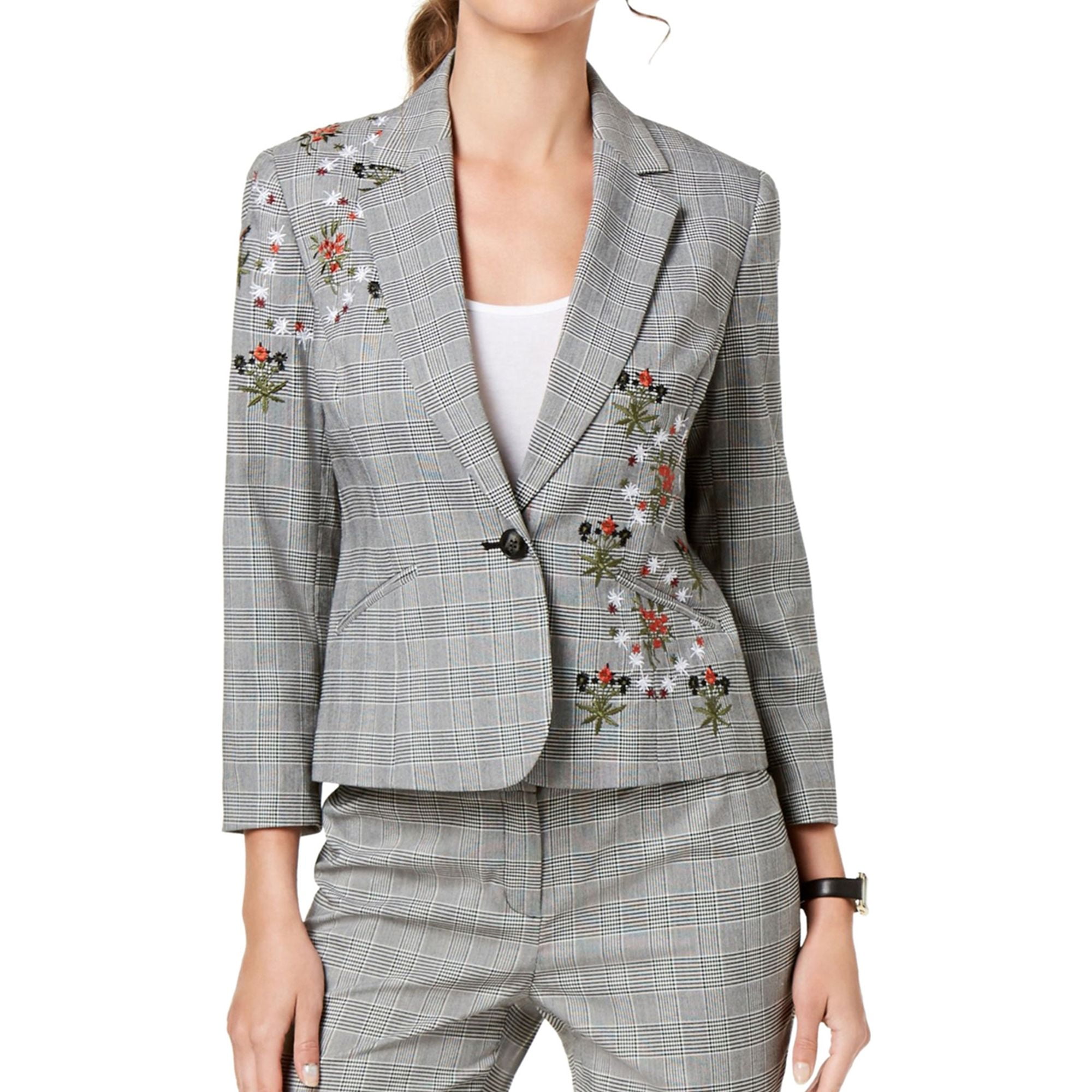 Nine West Women's Embroidered Plaid Blazer (4, Black Multi) - Walmart.com