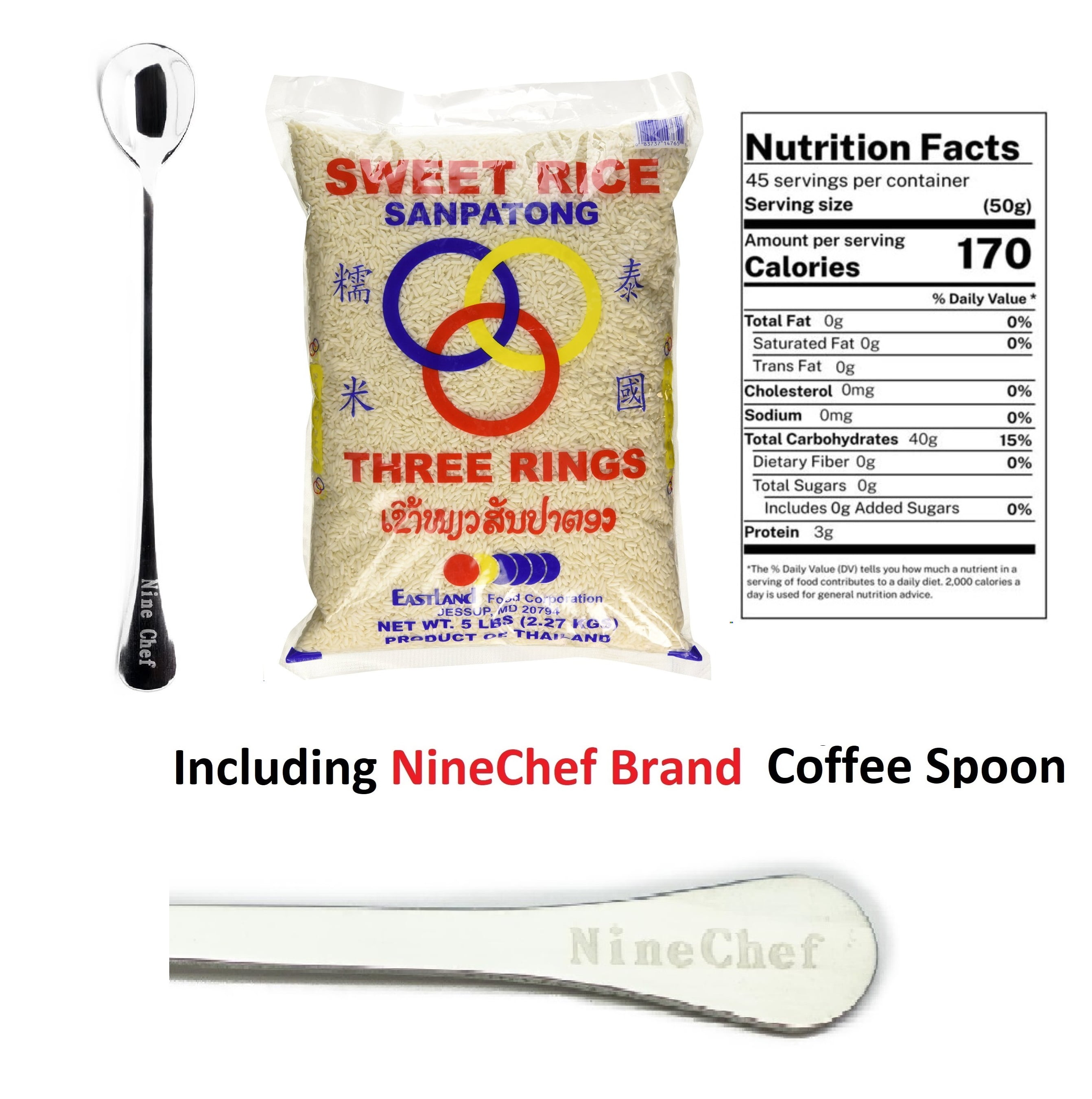 NineChef Brand Spoon Plus Three rings Sweet Rice Thai Sticky Rice 5 Lbs ...