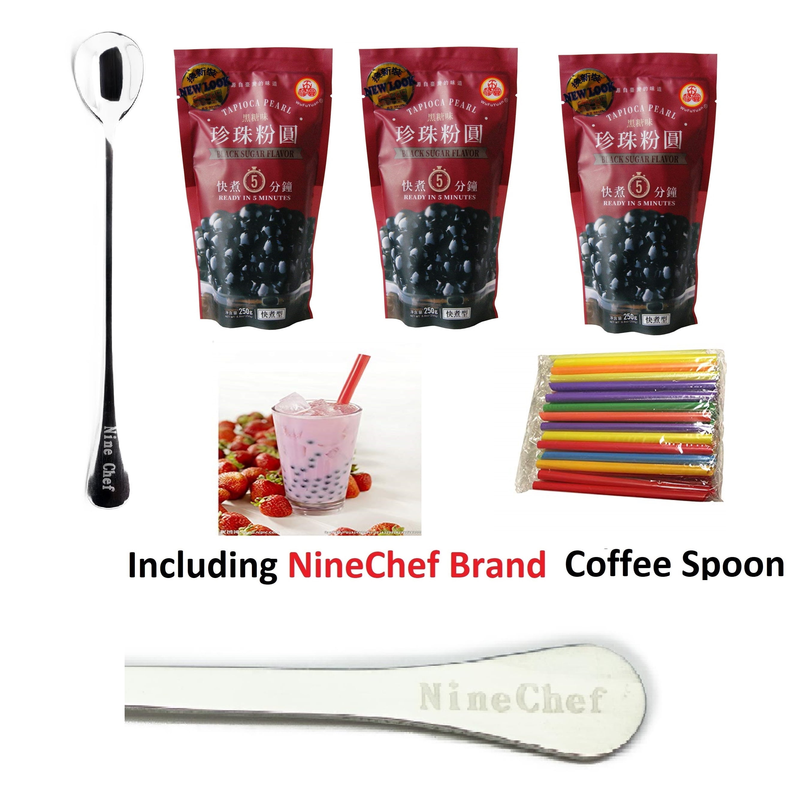 NineChef Bundle - WuFuYuan 3-Pack BLACK Boba Tapioca Pearls with 1 pack of 20 Boba Wide Straws ...