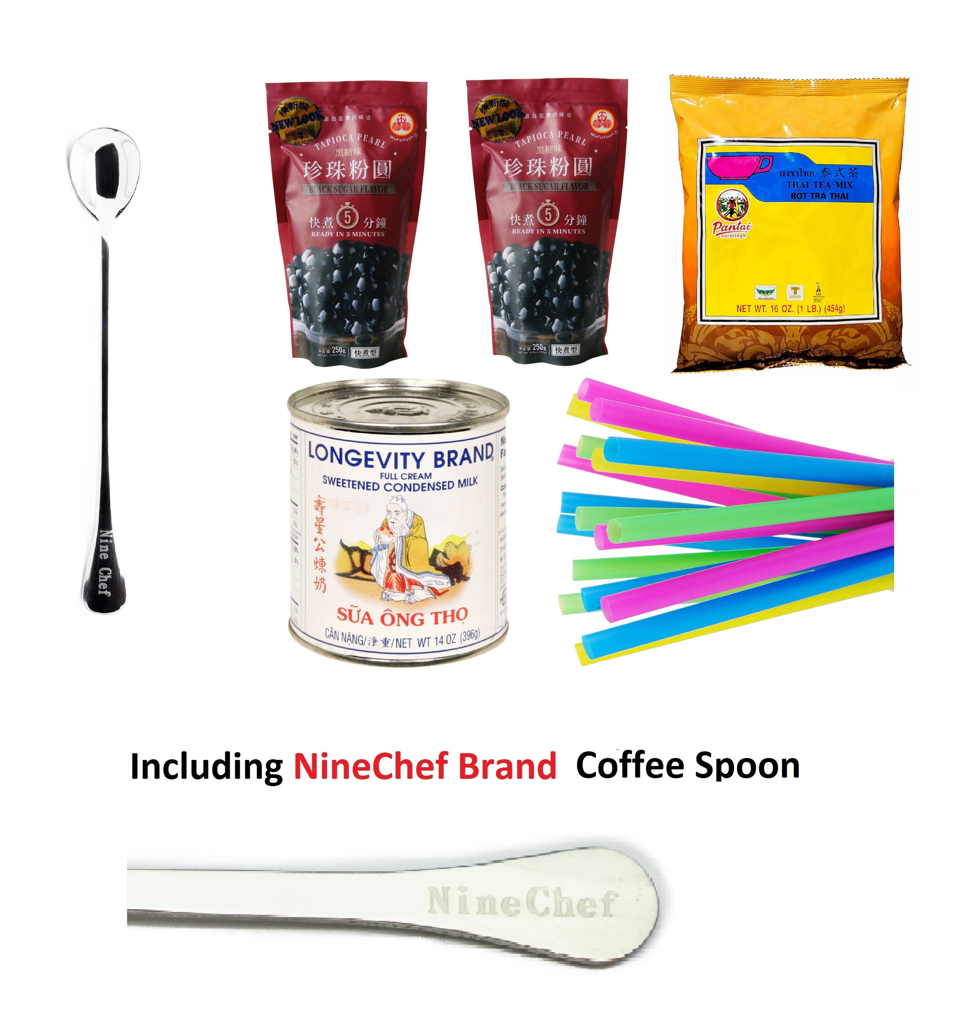 NineChef Bundle - WuFuYuan Boba Thai Iced Tea Kit with Black Tapioca Bubble Pearls and Bag Clip ...