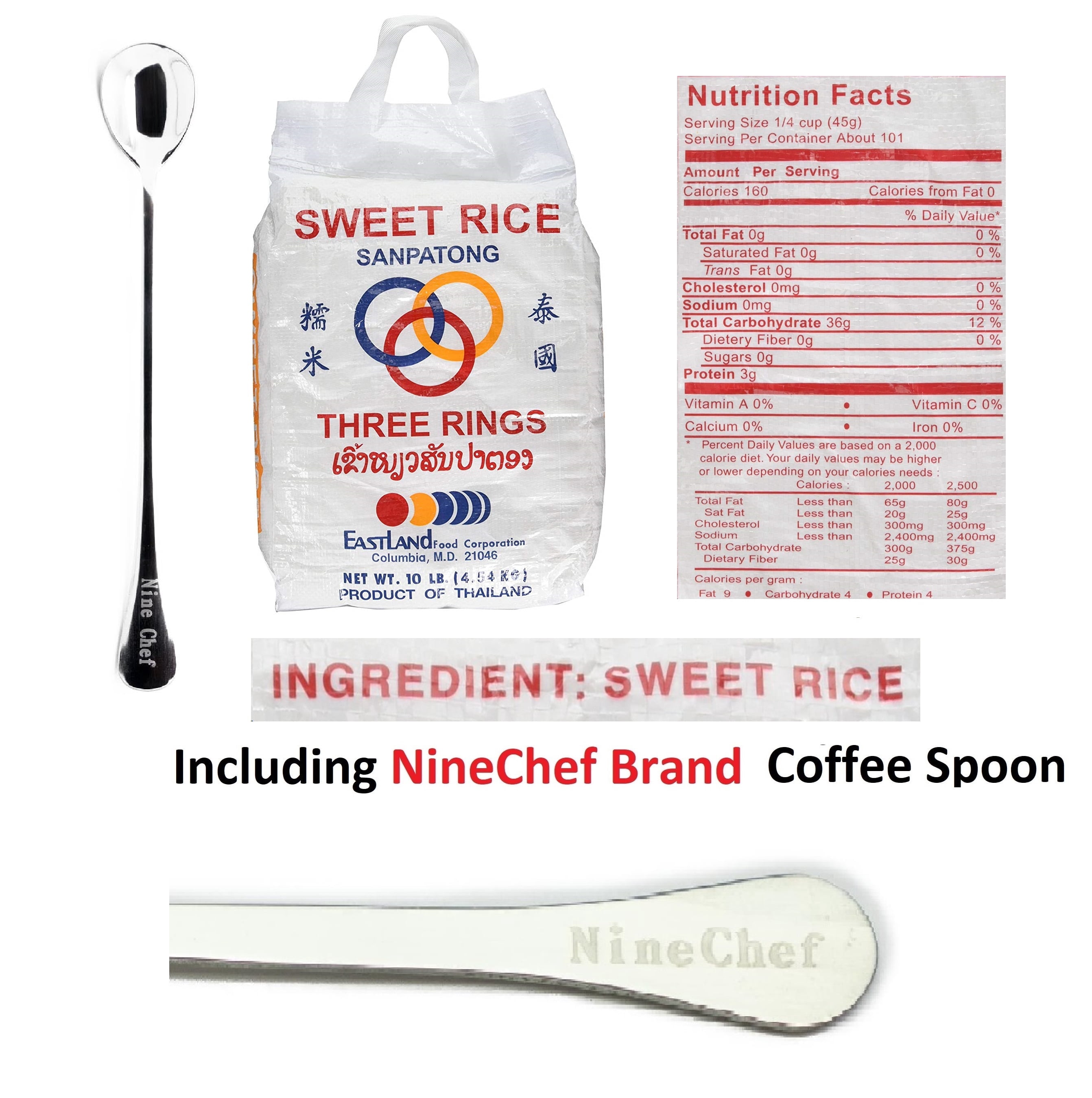 NineChef Spoon Plus Three Rings Thai Sticky Rice Sweet Rice ( (10 Lbs ...