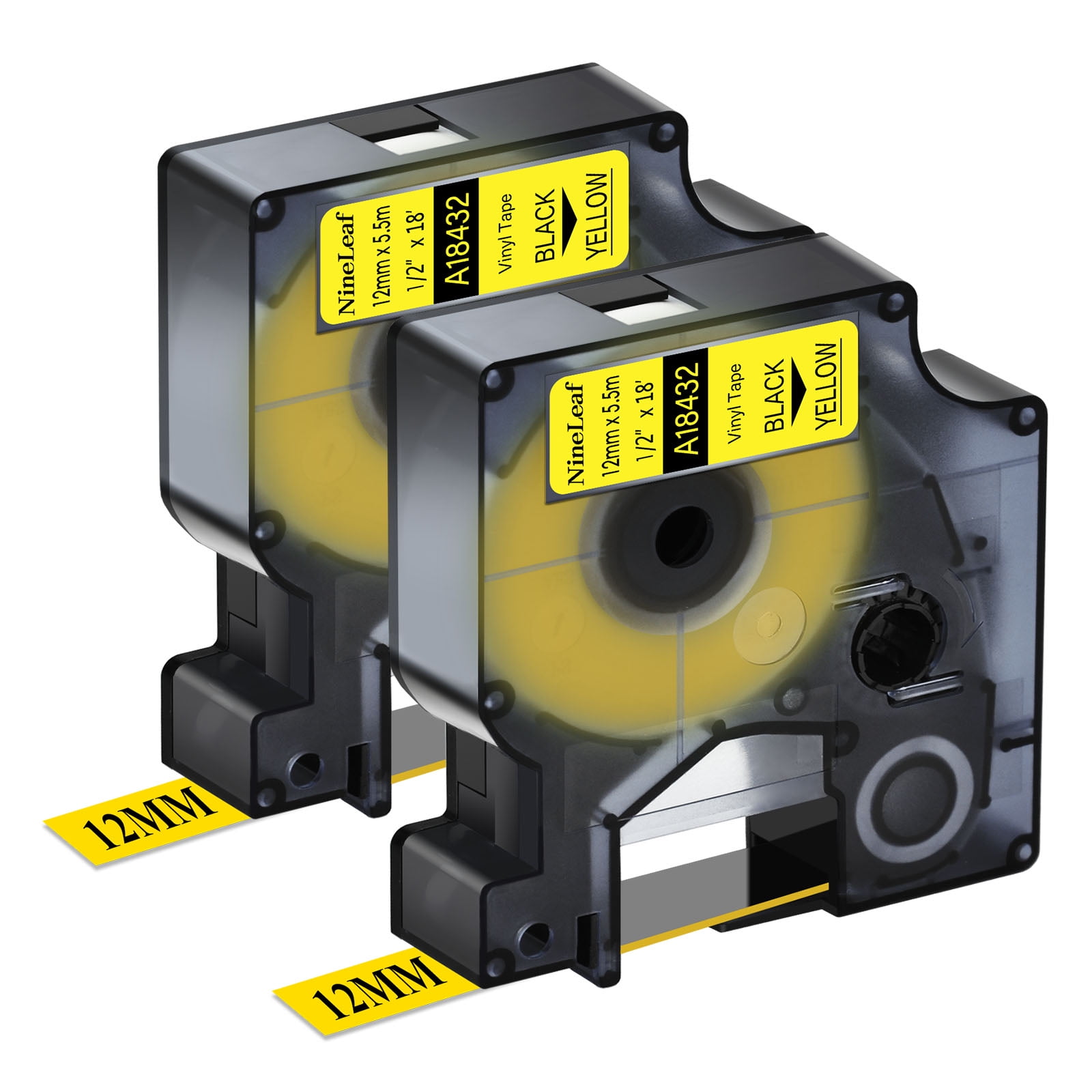 NineLeaf 2PK Compatible for DYMO 18432 1/2" x 18' (12mm x 5.5m) Black ...