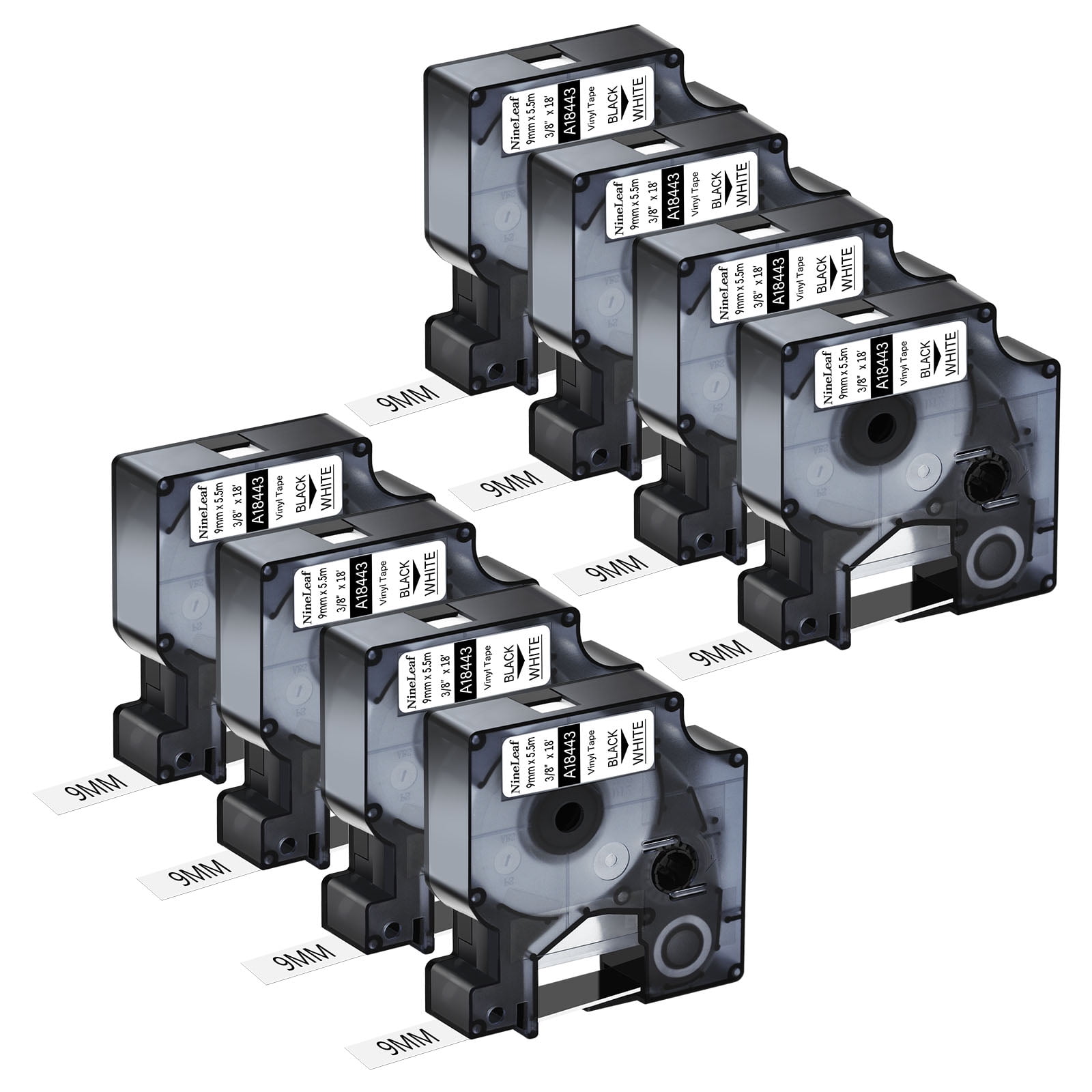 NineLeaf 8PK Compatible for DYMO 18443 3/8" x 18' (9mm x 5.5m) Black on White Industrial Vinyl ...