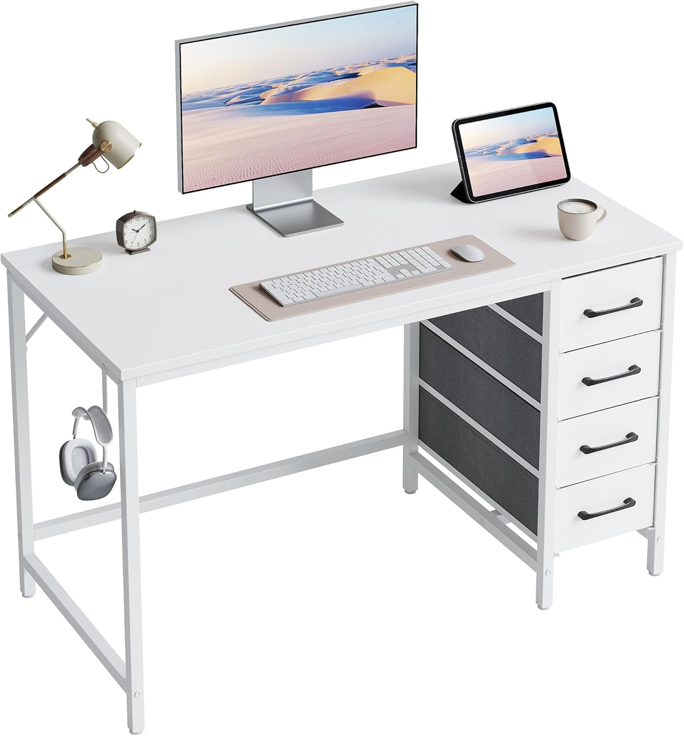 NineSix 40 Inch Computer Reversible Desk with 4 Storage Drawers, Small ...