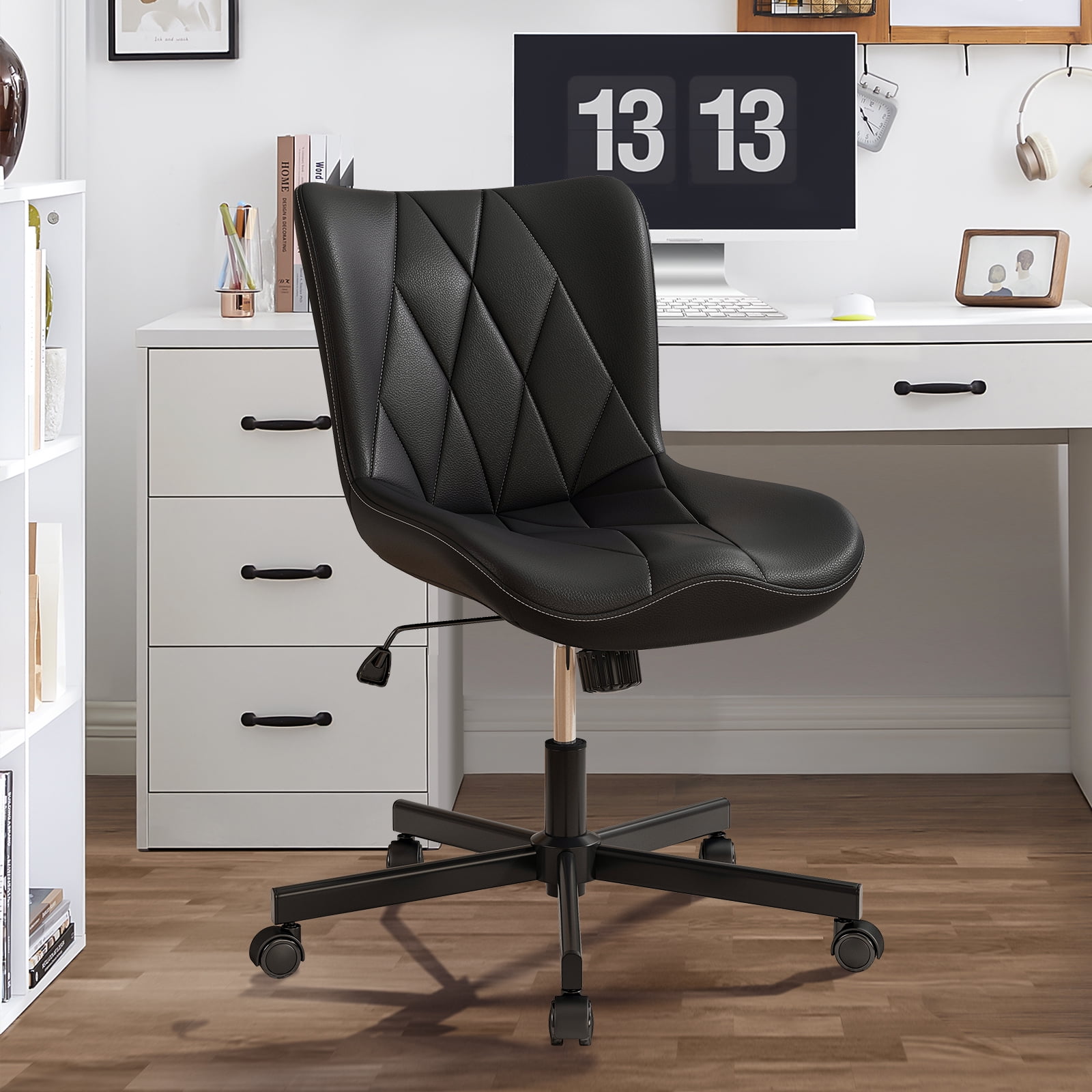 Ninecer Adjustable Armless Office Chair, Leather Desk Chair with Wheels ...