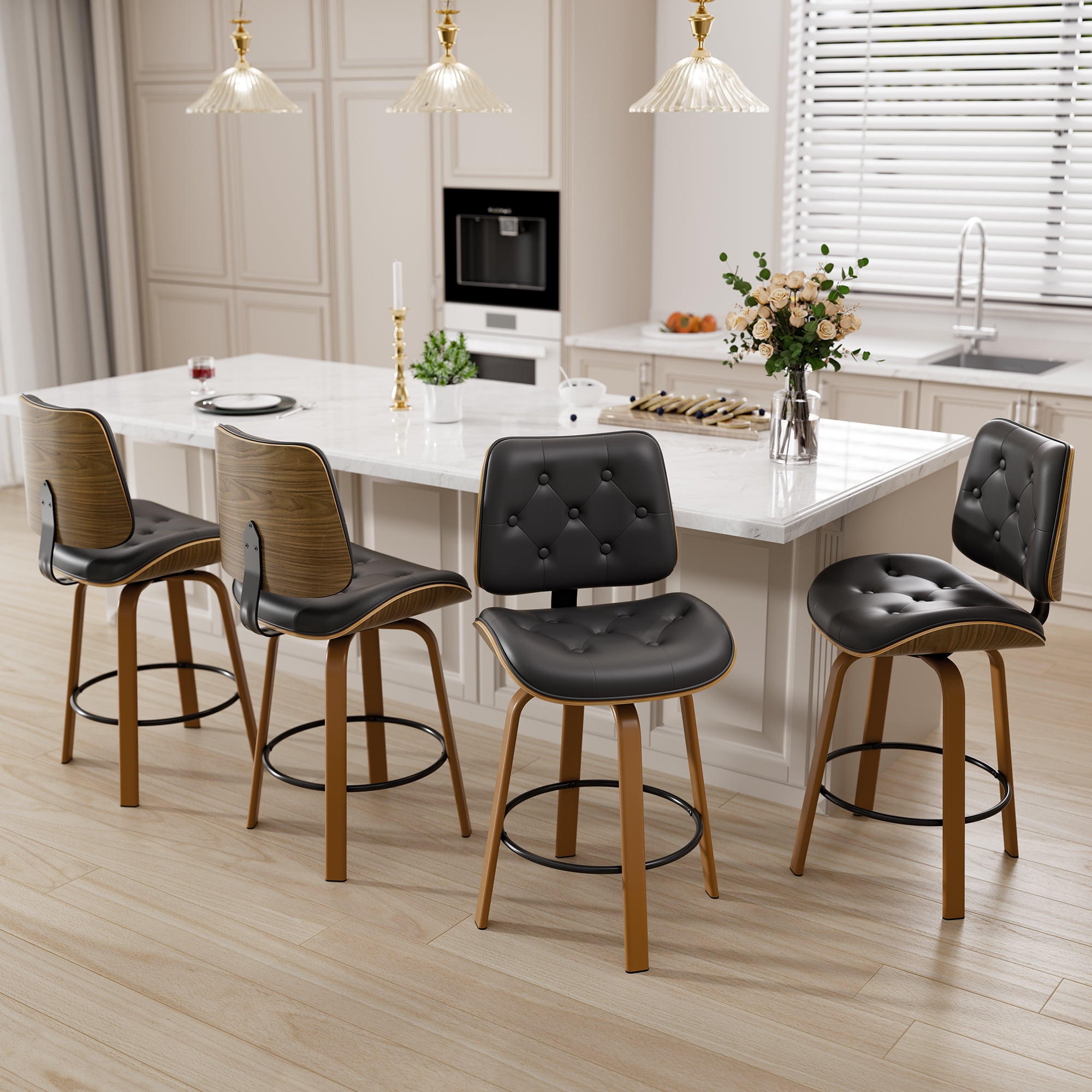 "SeekFancy Set of 4, 24"" Upholstered Bar Stools with Back, Gold Metal ...