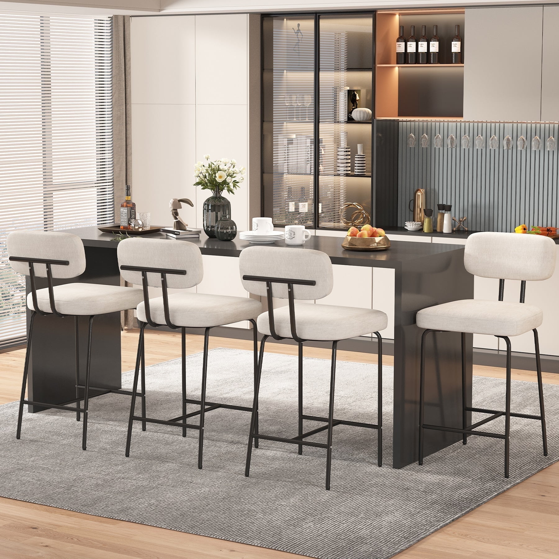 Ninecer Linen Fabric Bar Stools Set of 4, 27" Counter Height Bar Stools ...