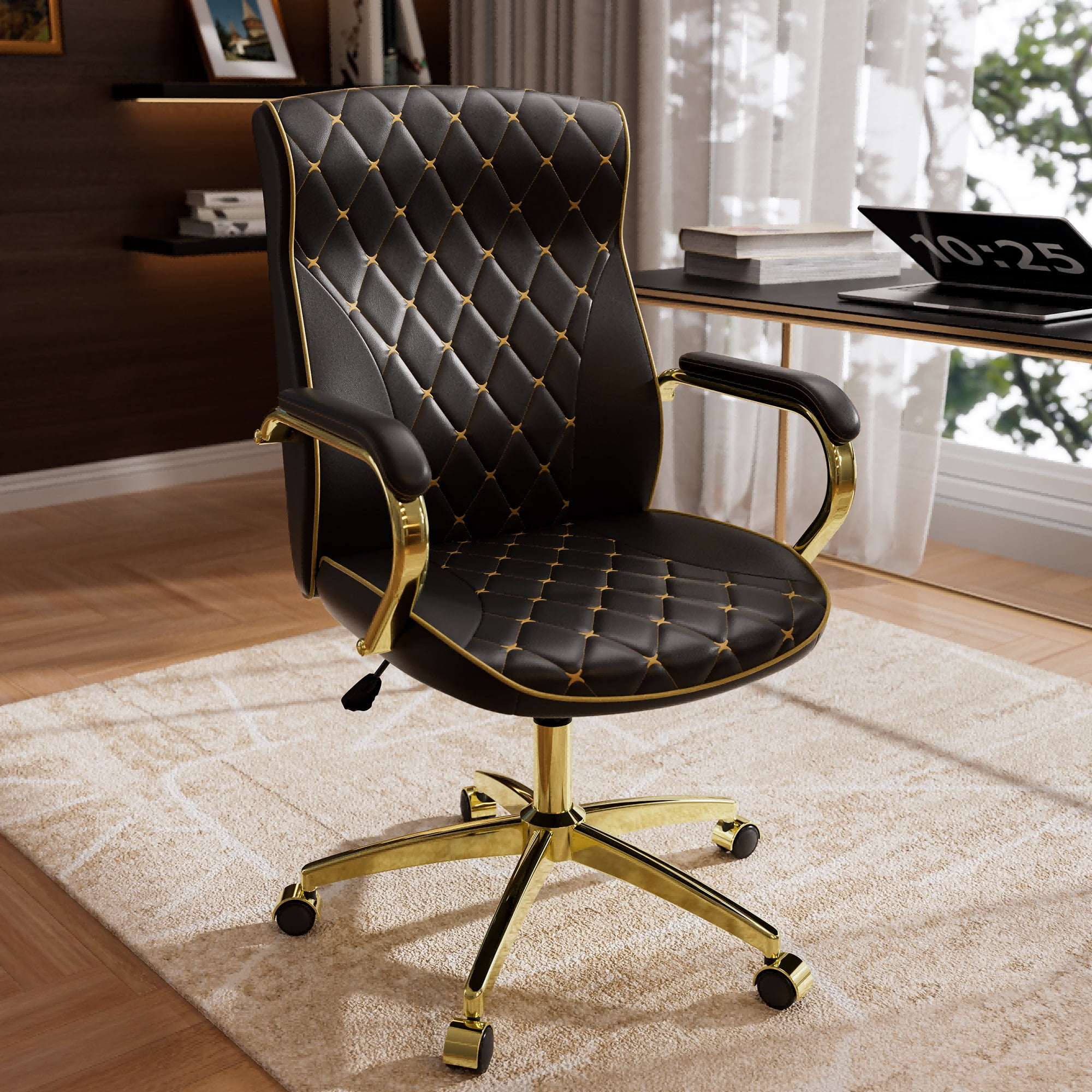 Ninecer Black and Gold Office Chair with Soft Leather Embroidery, Mid ...