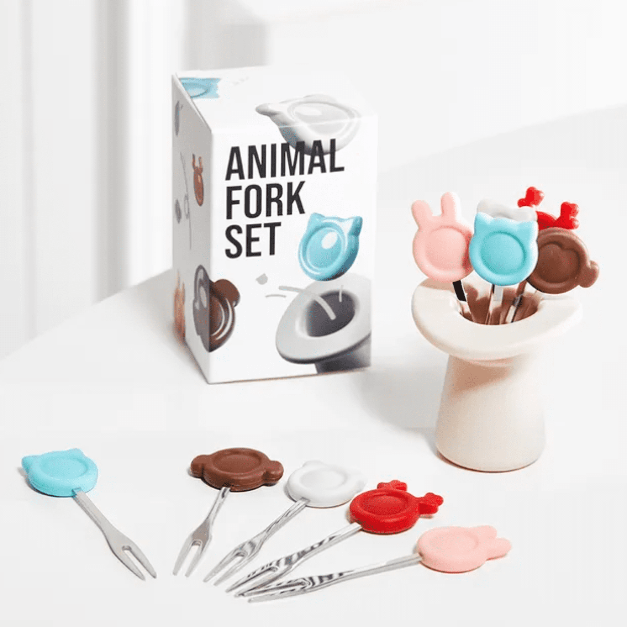 Nineware Animal Dessert Forks 5-Piece Set with Holder, Reusable Mini ...