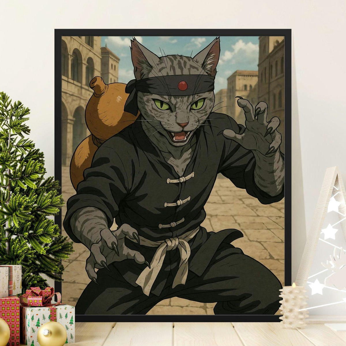 Ninja Anime Cat Posters, Funny Animal Art, Warrior Cat Art, Feline ...