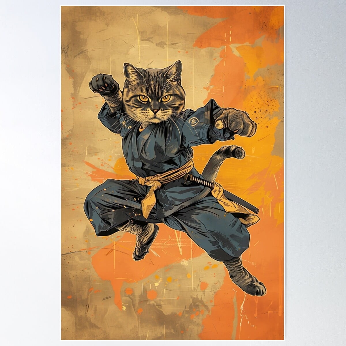 Ninja Cat Throwing A Karate Kick Poster Wall Art, Modern Wall Decor For ...