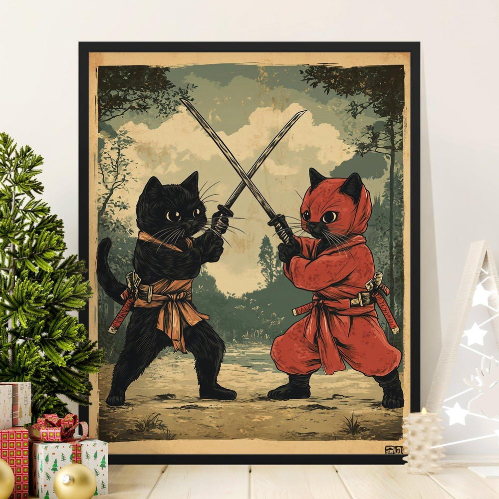 Ninja Cats Duel Poster, Samurai Cat Artwork, Cute Feline Warriors ...