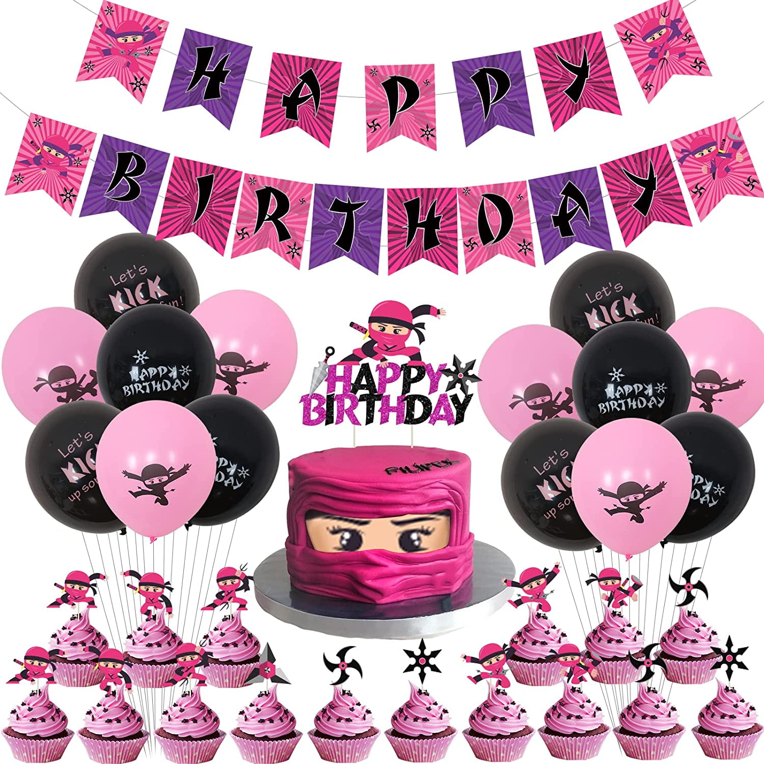 Ninja Girl Kids Birthday Party Decorations: Pink Banner, Ninja Balloons ...