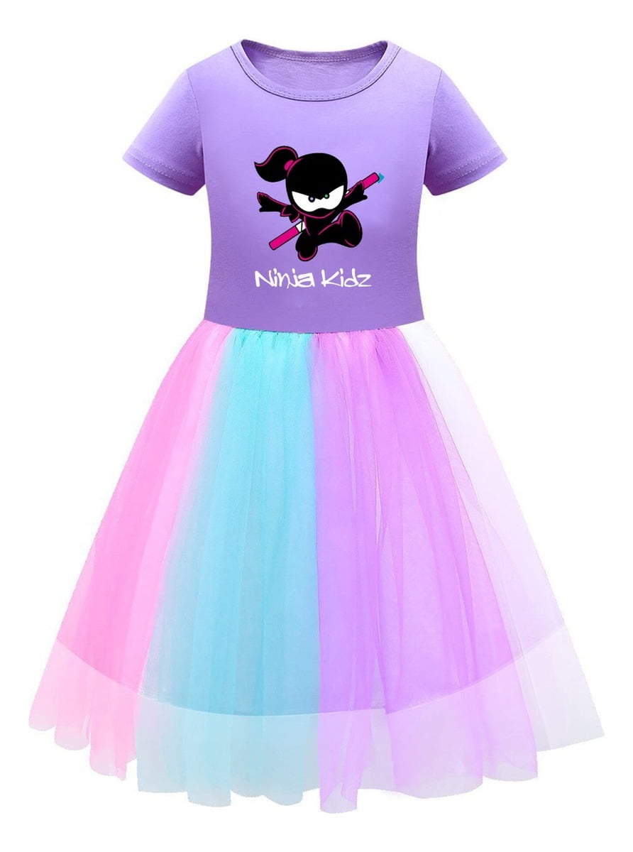 Ninja Kidz Graphic Tulle Dress – Girls Rainbow Skirt with Short Sleeves ...