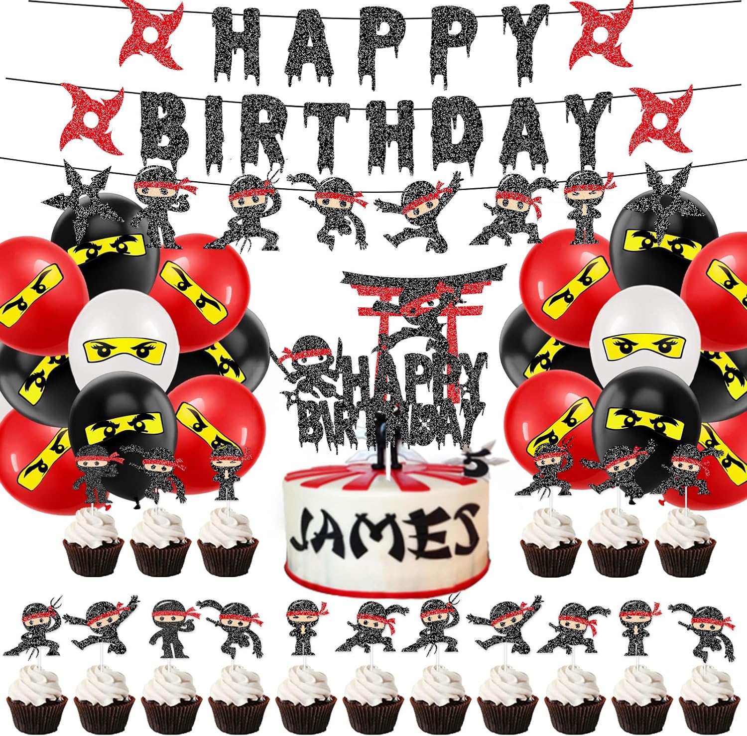 Ninja Themed Birthday Decoration Set - Happy Birthday Banner, Cupcake ...