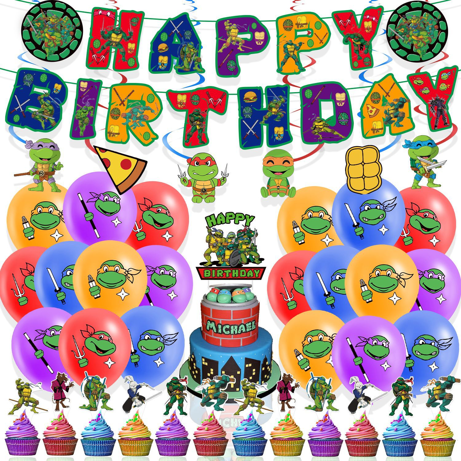 Ninja Turtles Themed Birthday Party Decor Set: Banners, Cake Toppers ...