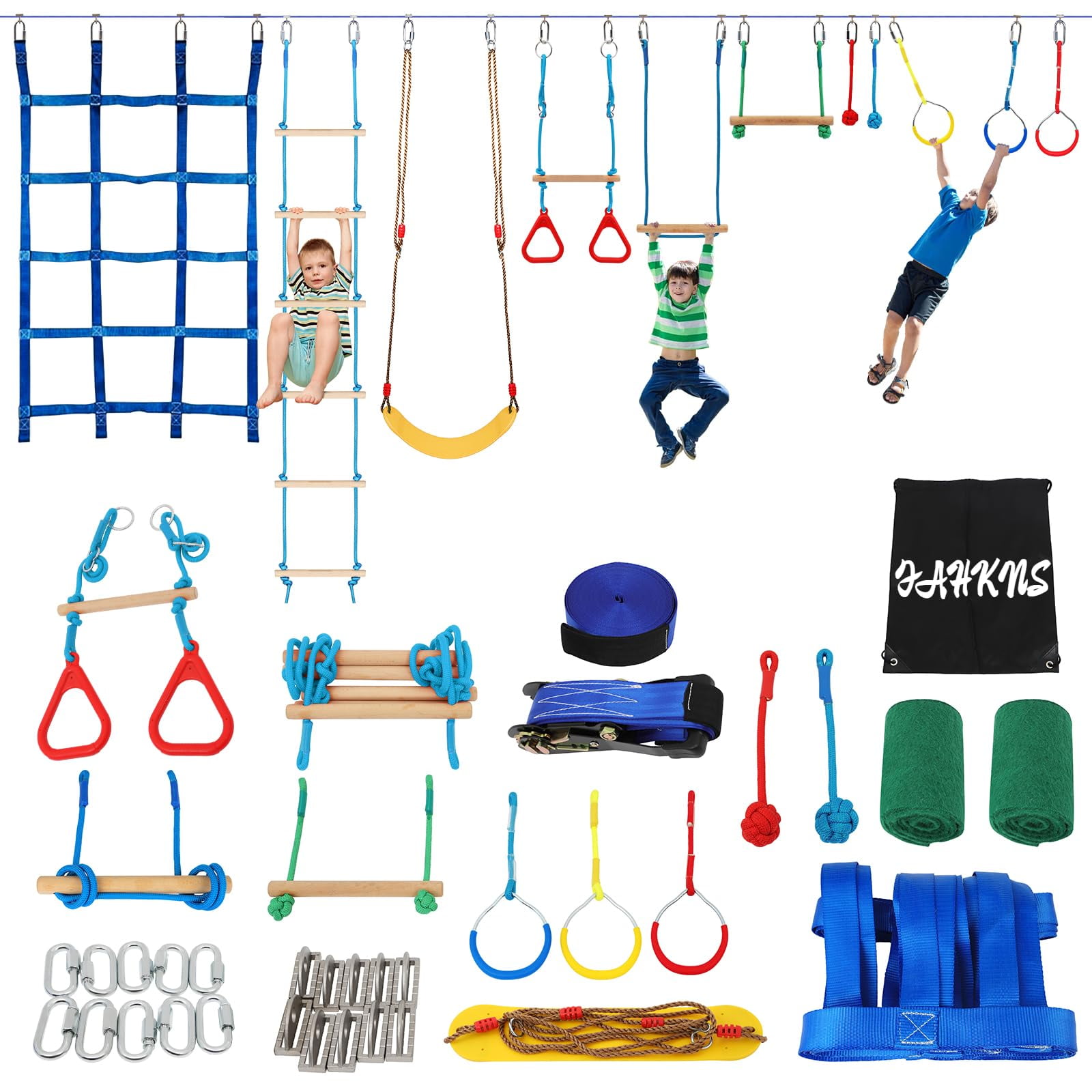 Ninja Warrior Obstacle Course for Kids, 65 FT Durable Slackline with 14 ...