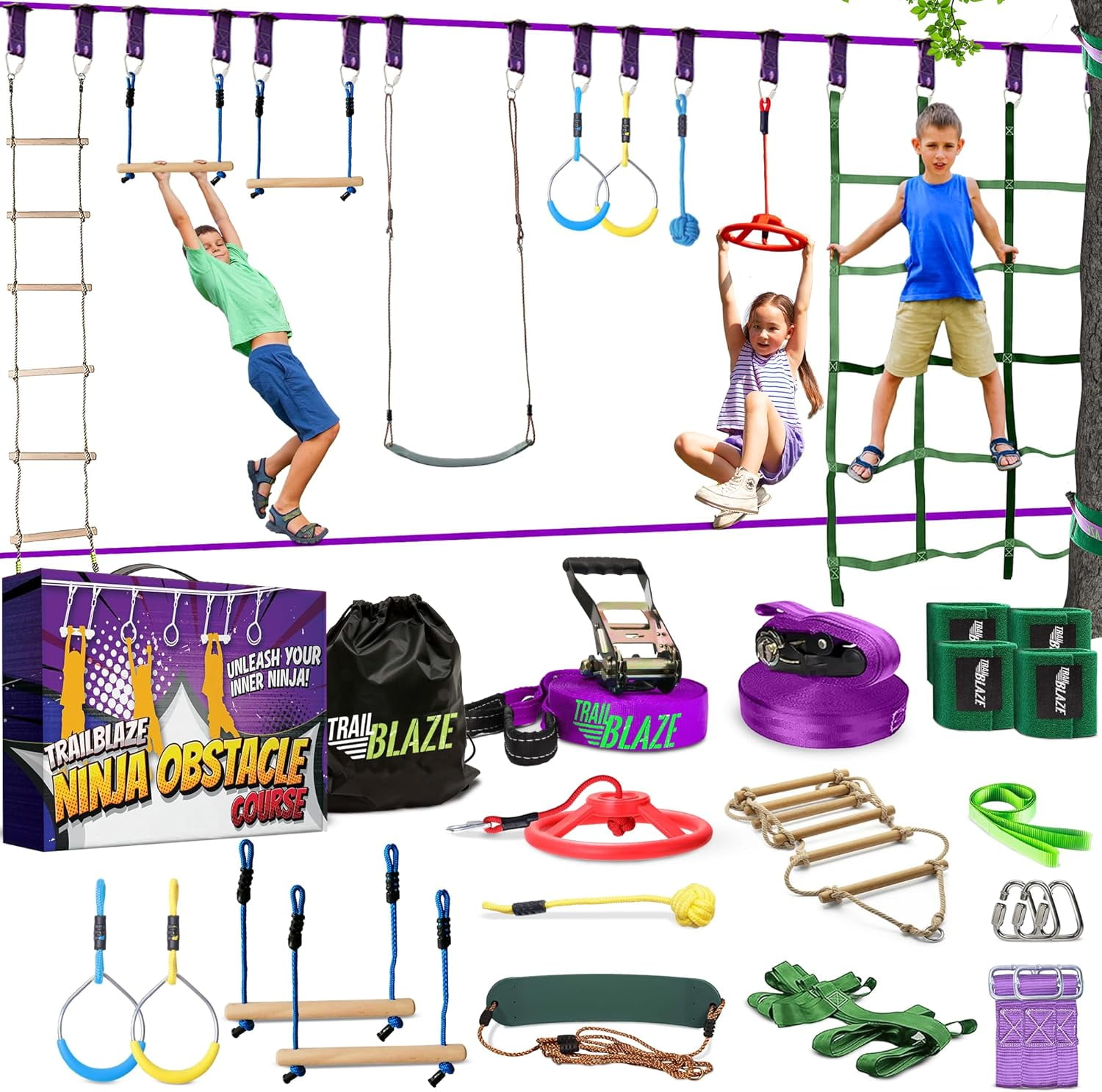 Ninja Warrior Obstacle Course for Kids - 2 x 55ft Slackline Double the ...