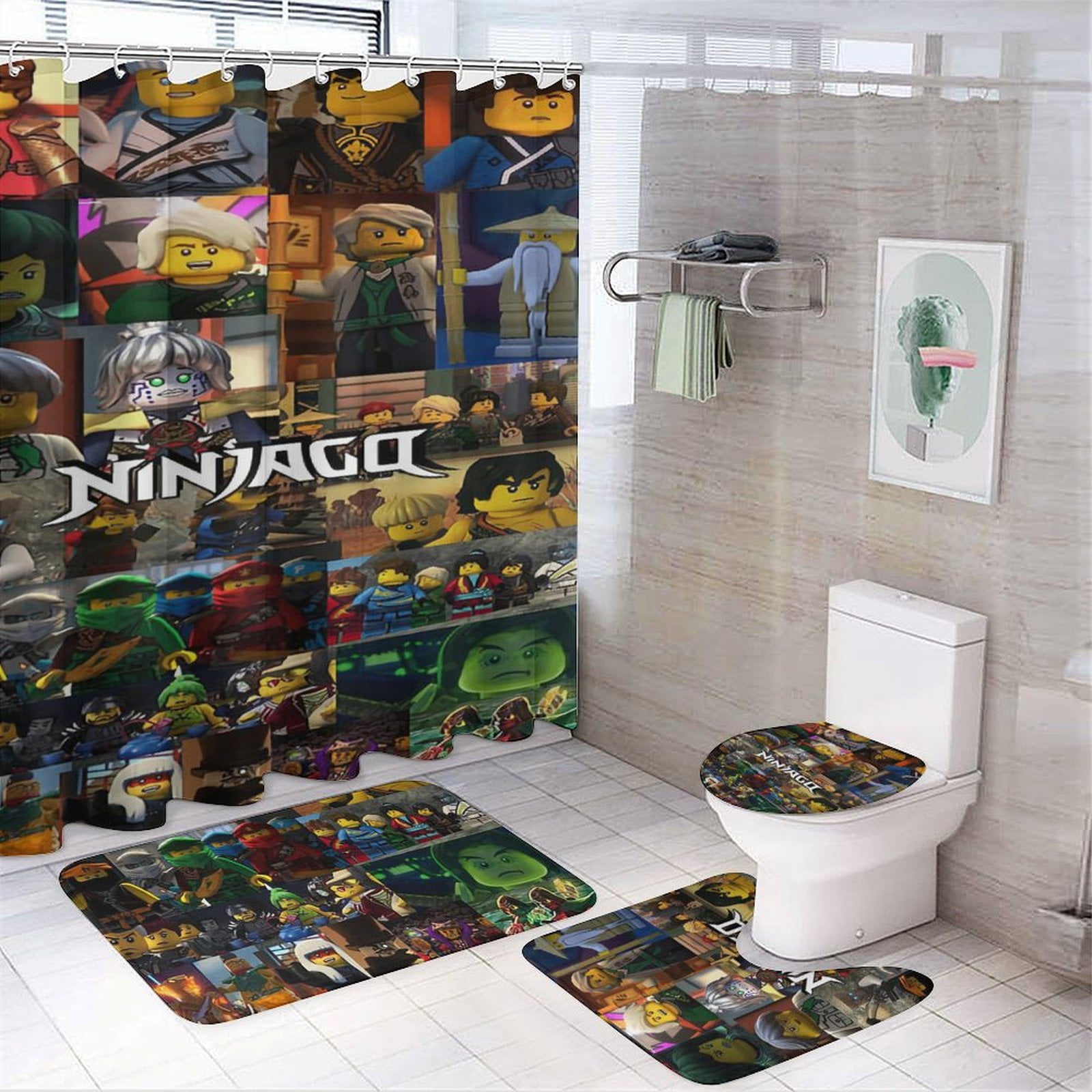Ninjago 4 Piece Shower Curtain Set with Non-Slip Rugs, Toilet Lid Cover ...