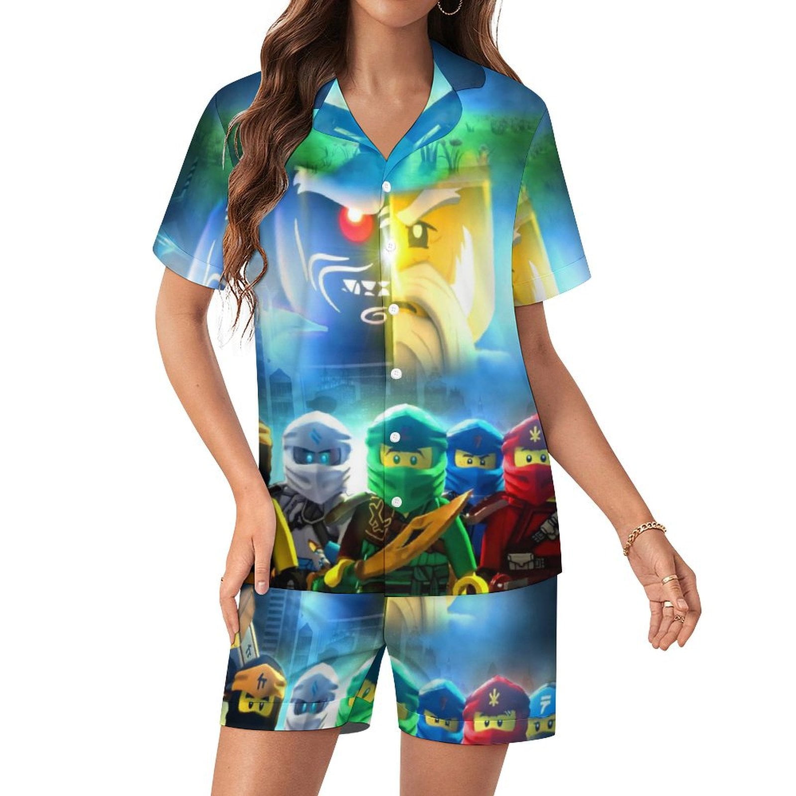 Ninjago Women Pajamas Set Short Sleeve Sleepwear Button Down Nightwear ...