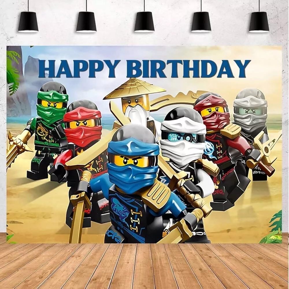 Ninjas Theme Happy Birthday Backdrop 5x3.5ft , for Kids Birthday Party ...