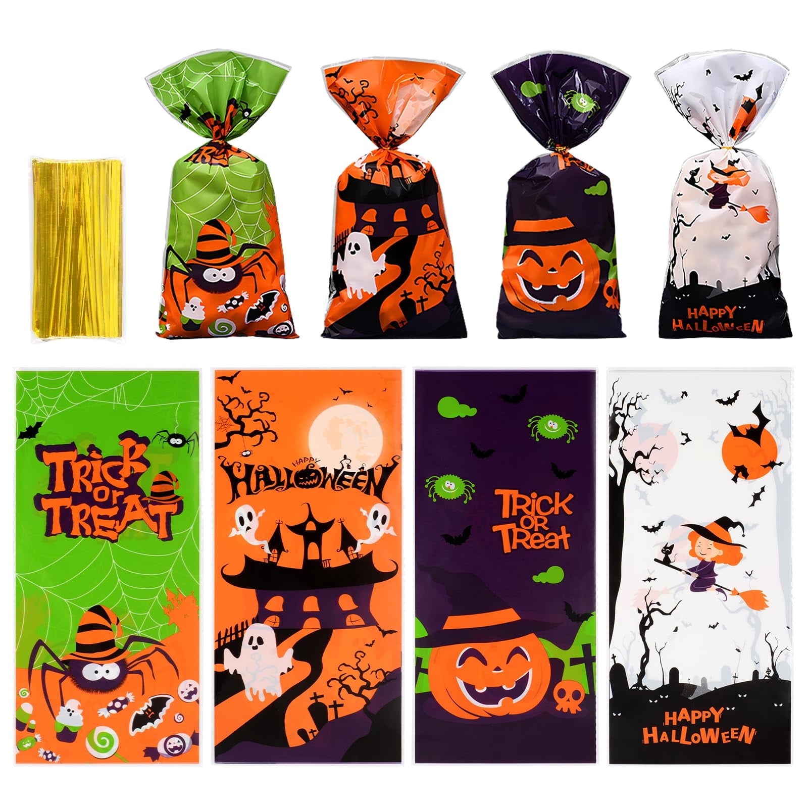 Ninonly 200 Pcs Halloween Candy Bags, Bat Pumpkin Spider and Witch ...