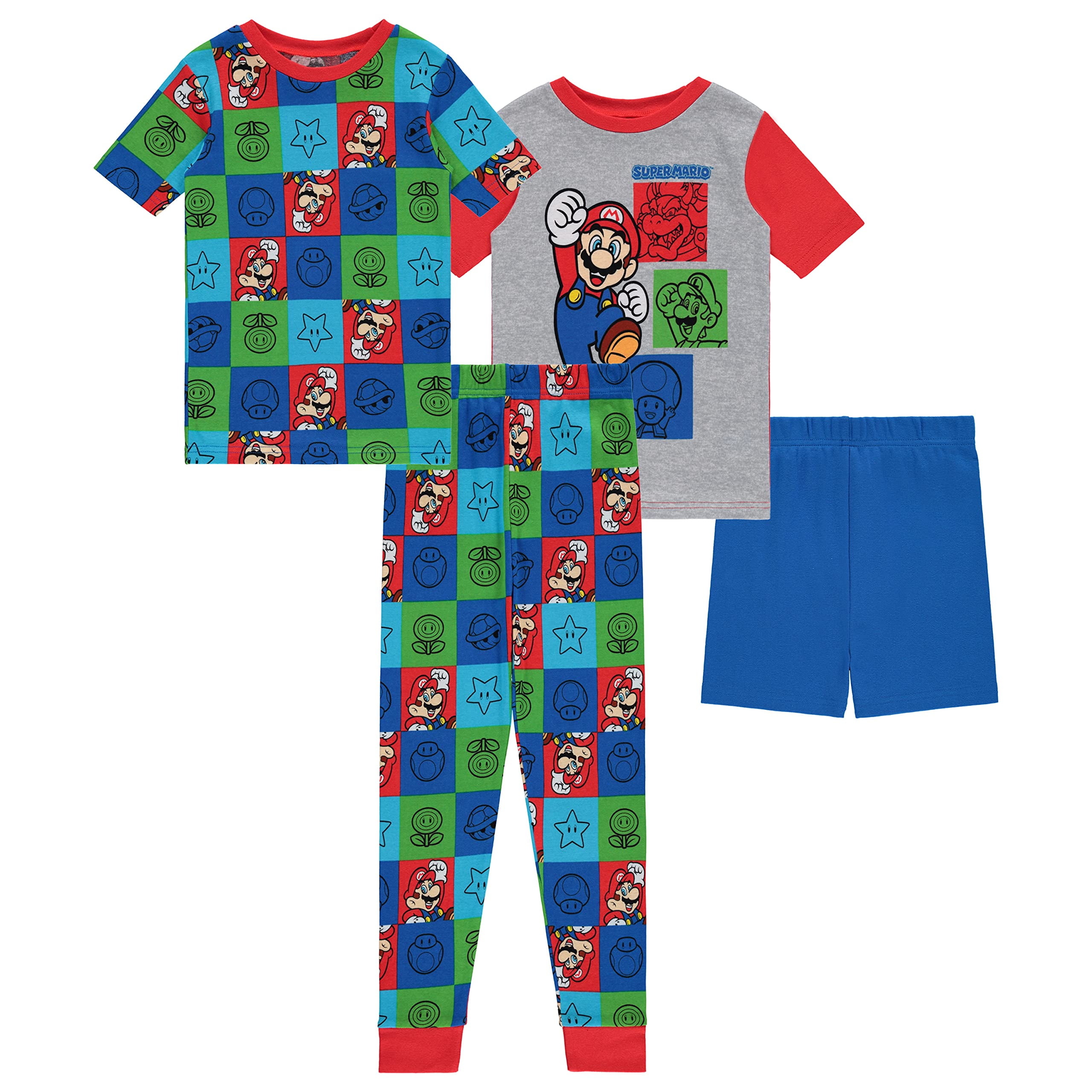 Nintendo Boys Mario Pajamas Set - 4 Piece Short Sleeve Super Mario ...
