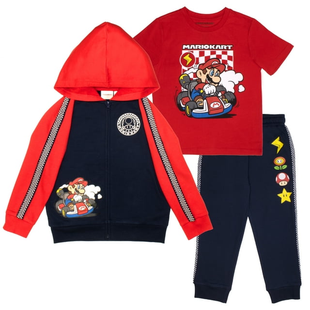 Nintendo Super Mario Kart Outfit: Boys Zip Up Hoodie, T-Shirt, and ...
