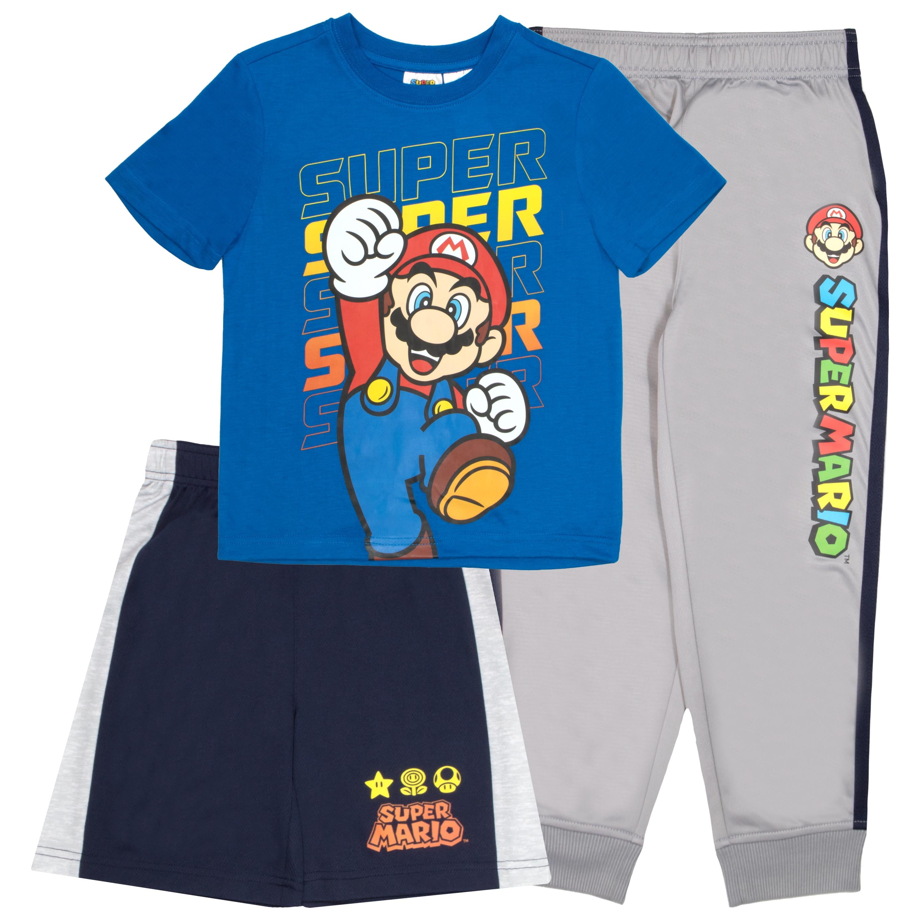 Nintendo Super Mario Bros Boys 3-Piece Pants Set - Short Sleeve T-Shirt ...