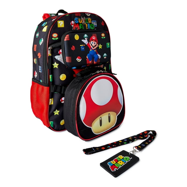Nintendo Super Mario Fun 17" Backpack with Lunch Bag 4-Piece Set Black ...