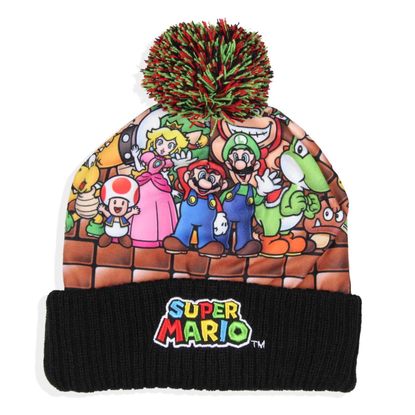Nintendo Super Mario Multi Character Embroidered Logo Cuffed Pom Beanie ...