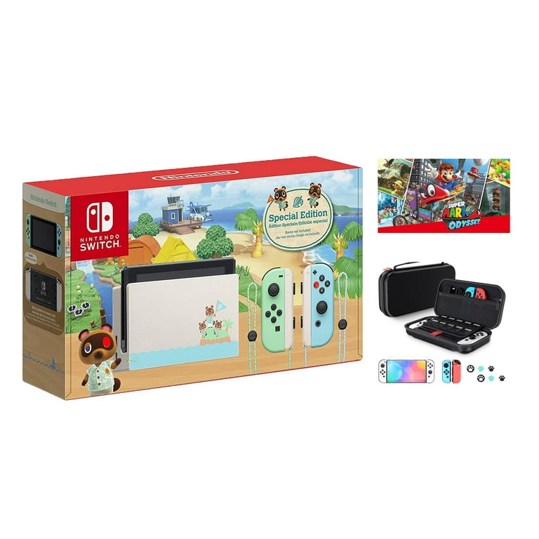 Nintendo Switch Animal Crossing New Horizons Edition Jon Con Console 32GB Internal Storage Bundle with Super Mario Odyssey 10 in 1 Accessory Case US Version No Warranty Walmart
