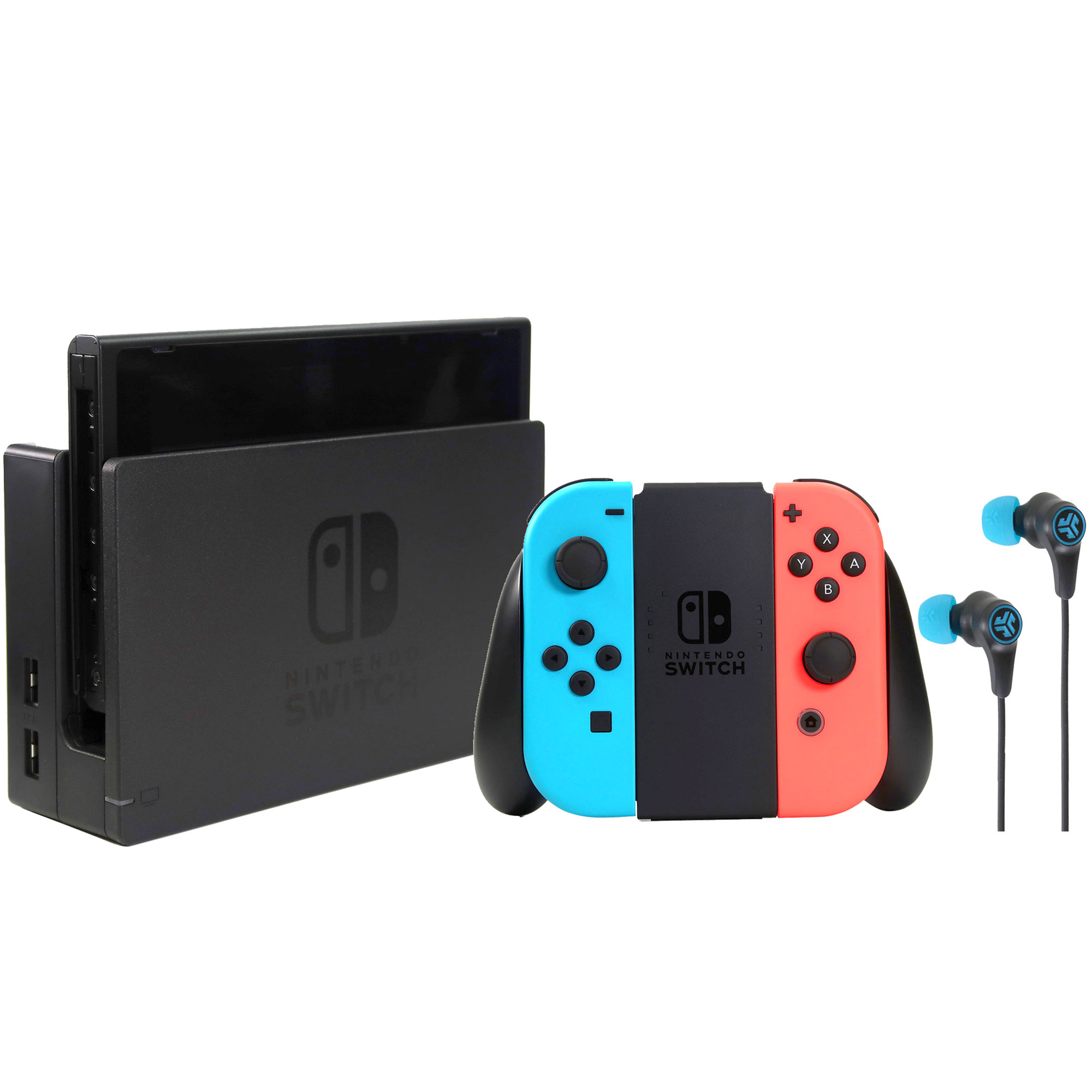 Nintendo Switch Console Neon Blue & Neon Red Joy-Con and JLab Play Gaming Wireless Bluetooth ...