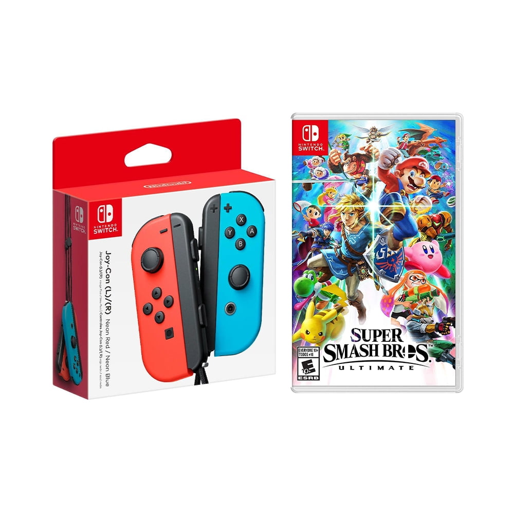 Nintendo Switch Joy-Con (L/R)- Neon Red/Neon Blue, Super Smash Bros. Ultimate (Game Disc ...