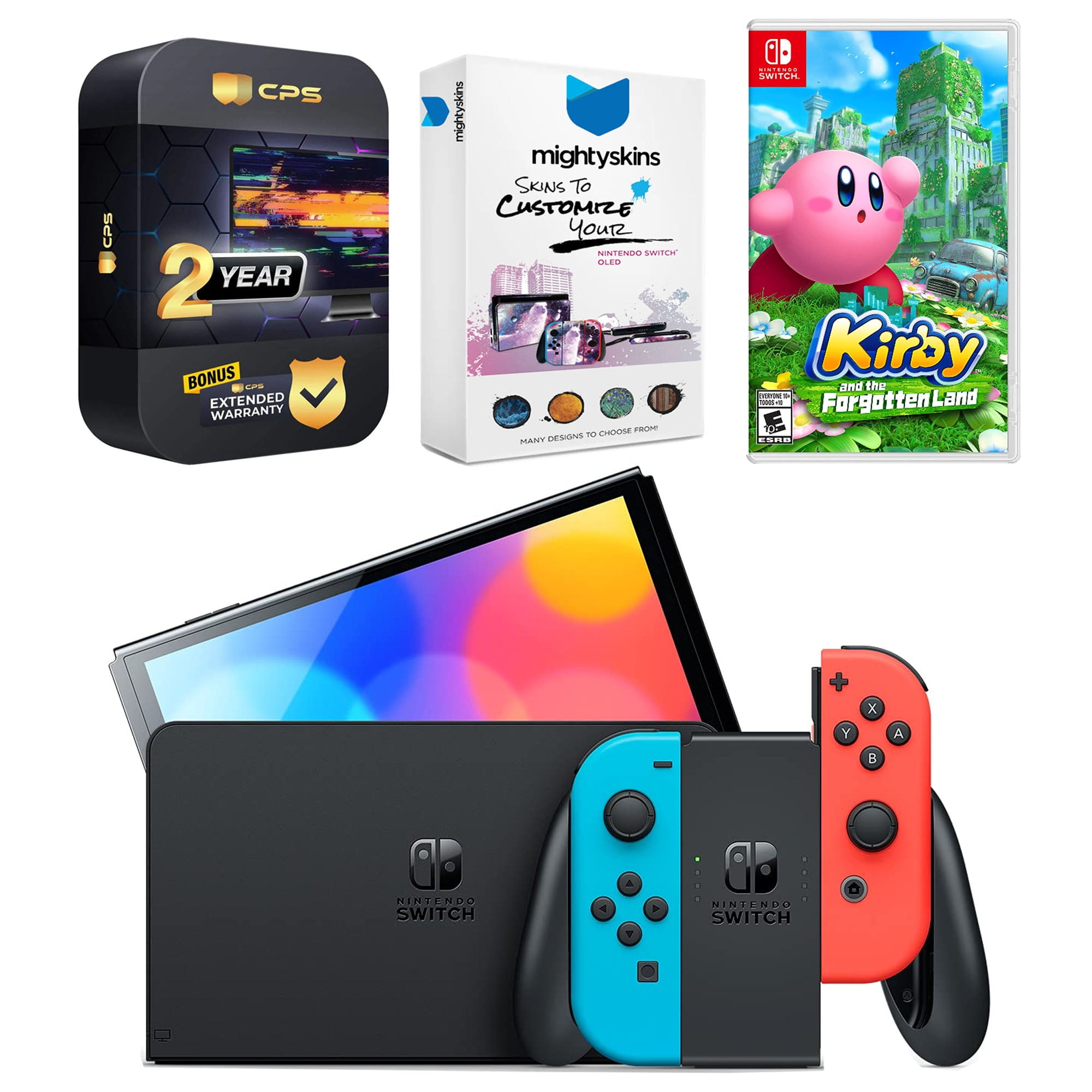 Nintendo Switch Neon Red & Blue OLED Console with Kirby and the Forgotten Land, MightySkins ...