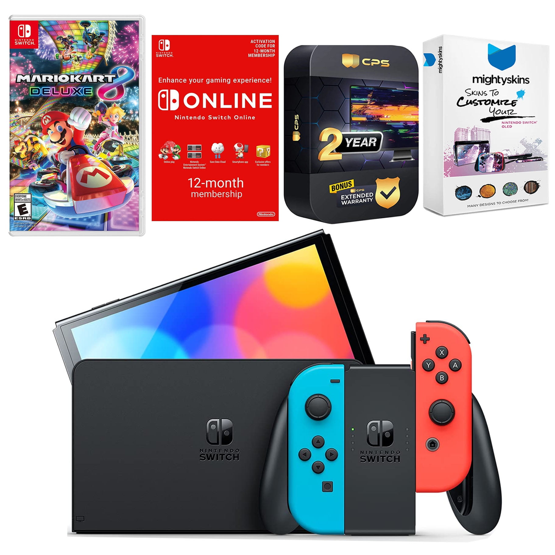 Nintendo Switch Neon Red & Blue OLED Console with Mario Kart 8 Deluxe, NSO 12 Month Family ...