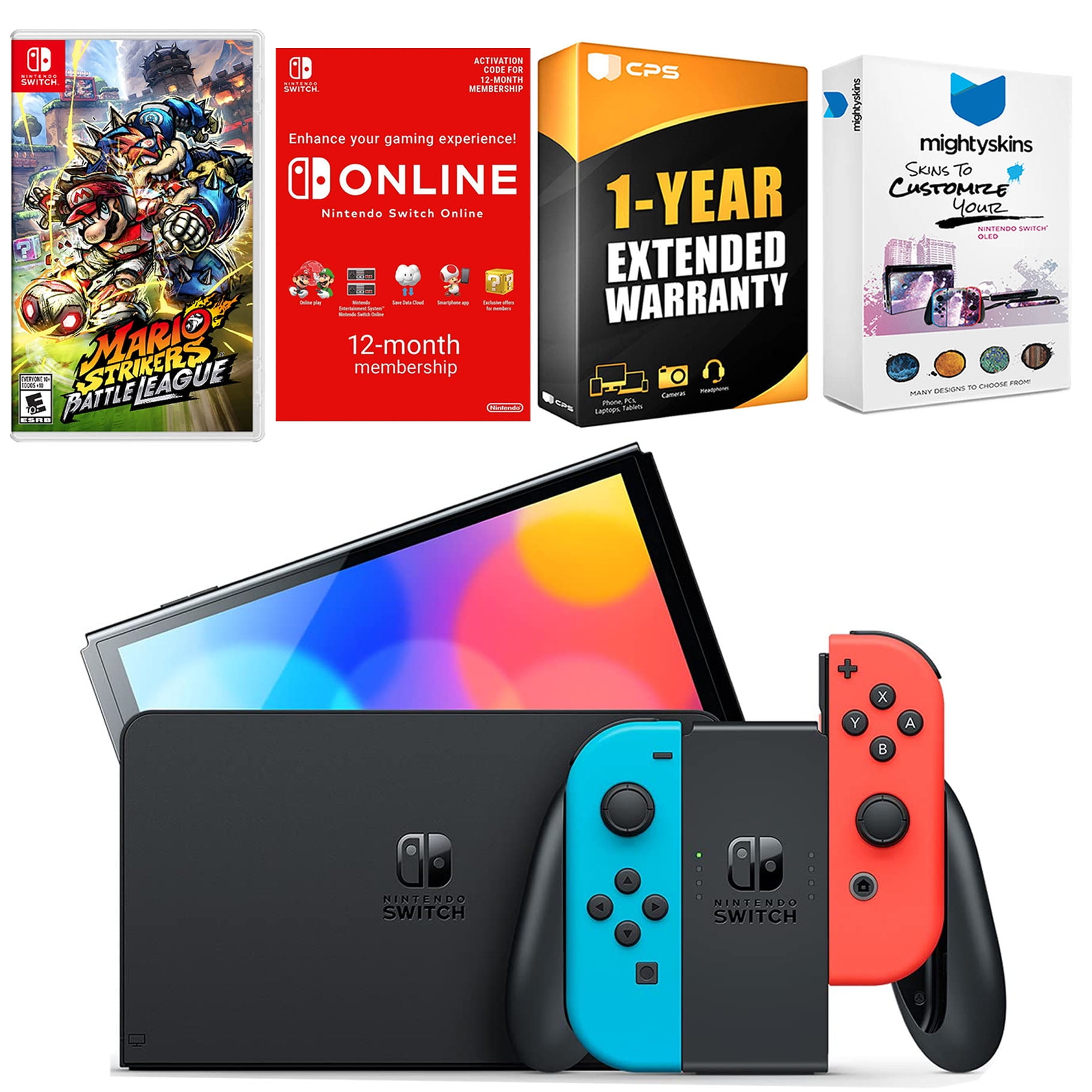 Nintendo Switch Neon Red & Blue OLED Console with Mario Strikers Battle ...